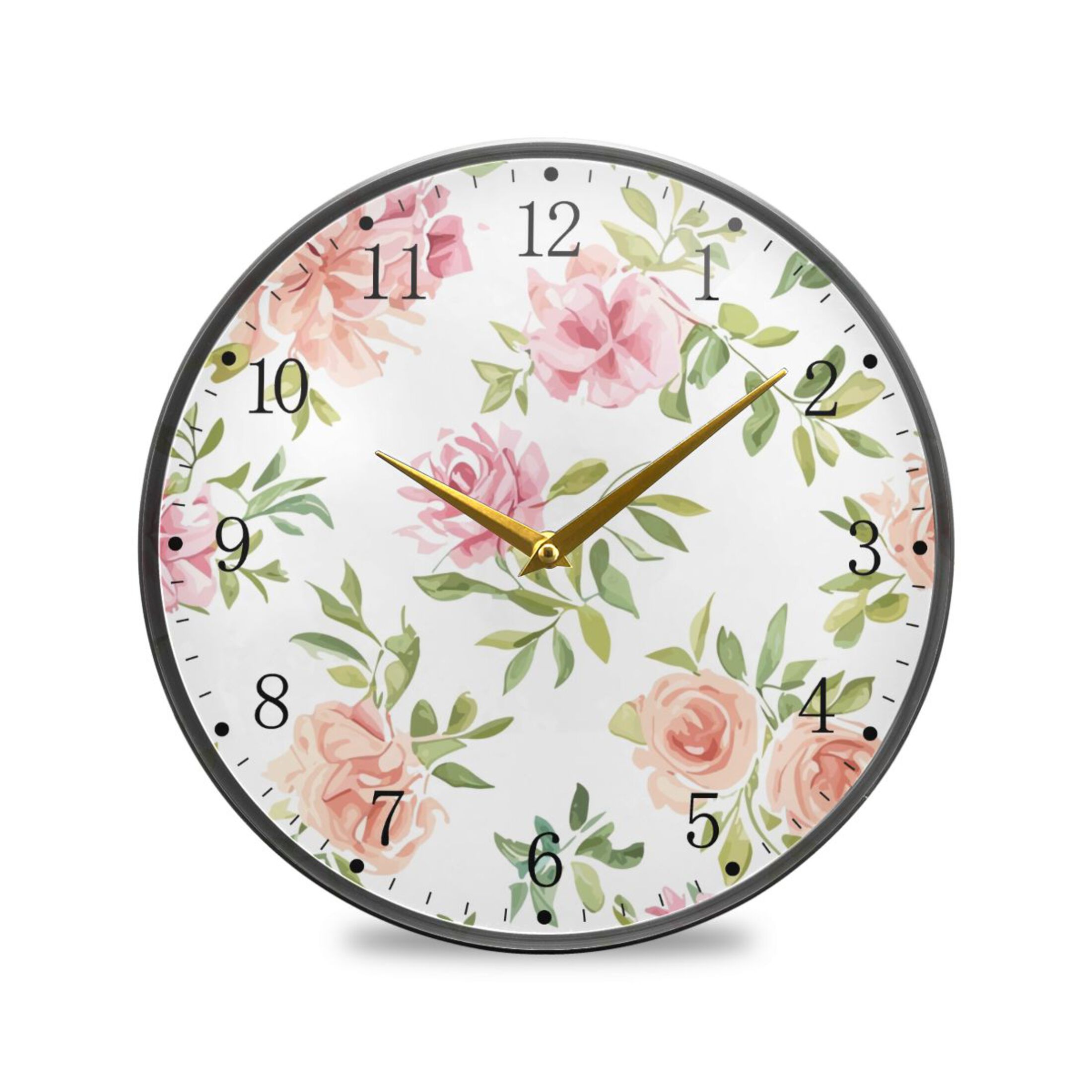 Pink Flowers Roses and Leaf Acrylic Wall Clocks Quiet Round Clock ...