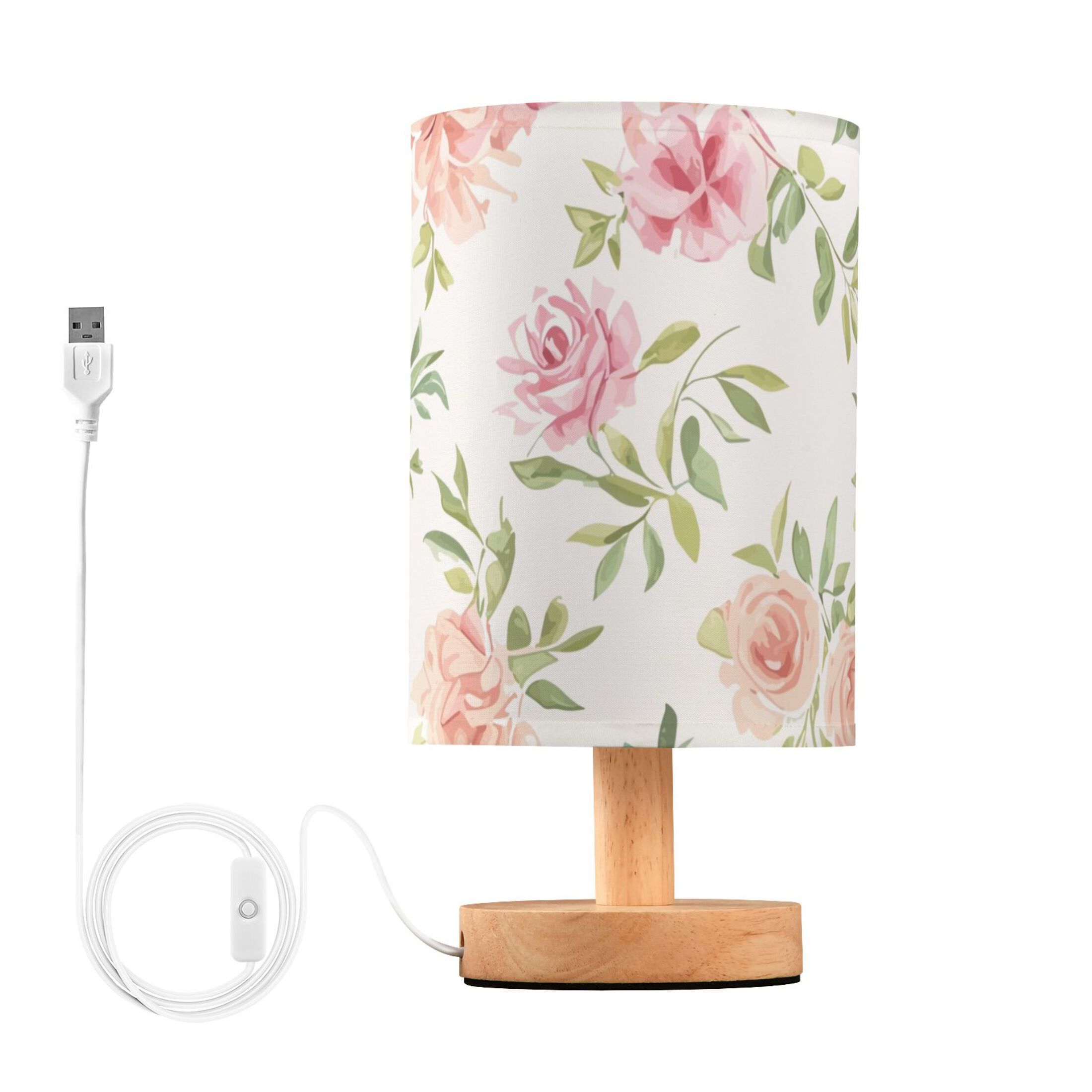 Pink Flowers Roses and Leaf Bedside Table Lamp LED Warm Lights with USB ...
