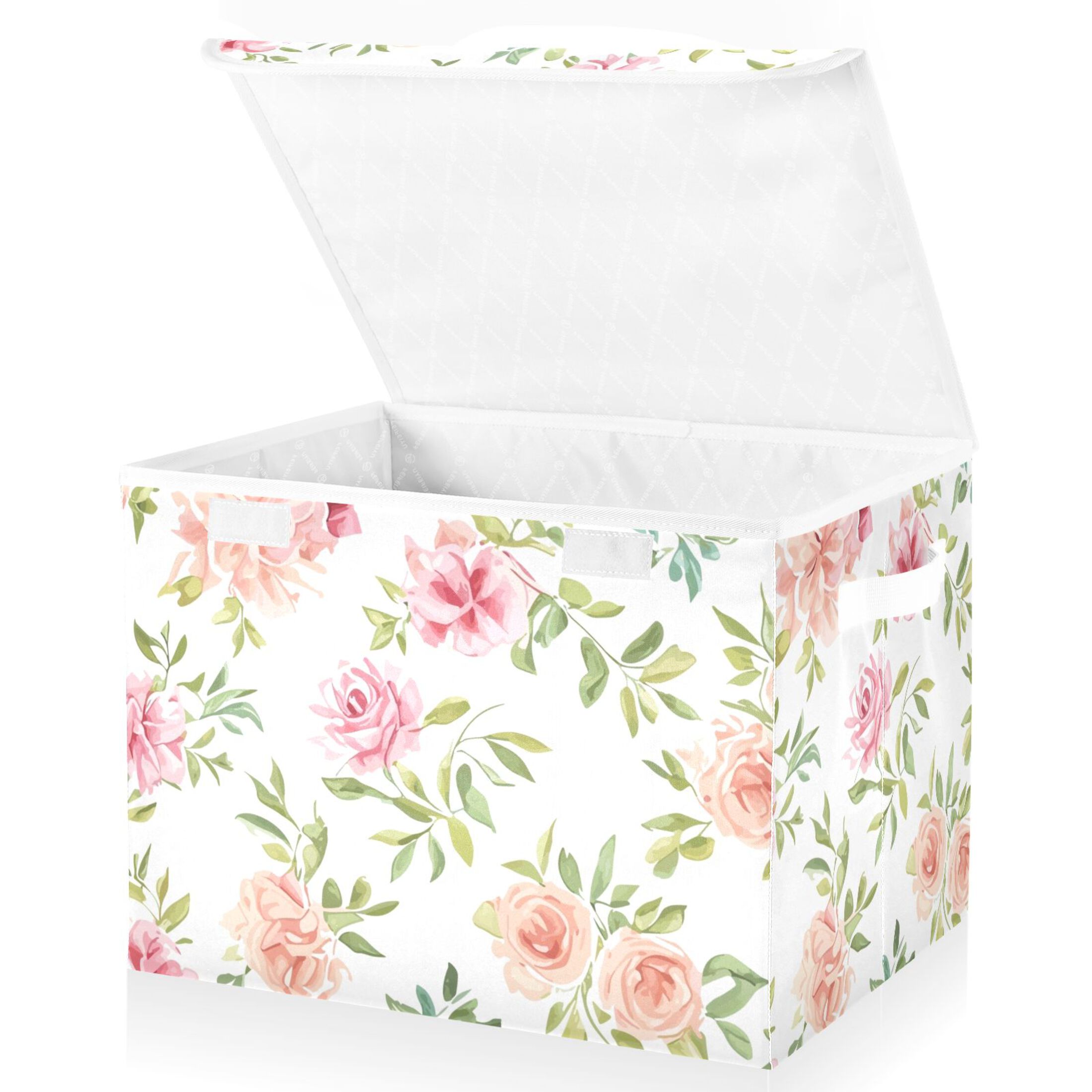 Pink Flowers Roses and Leaf Large Lidded Bin Foldable Storage Baskets ...