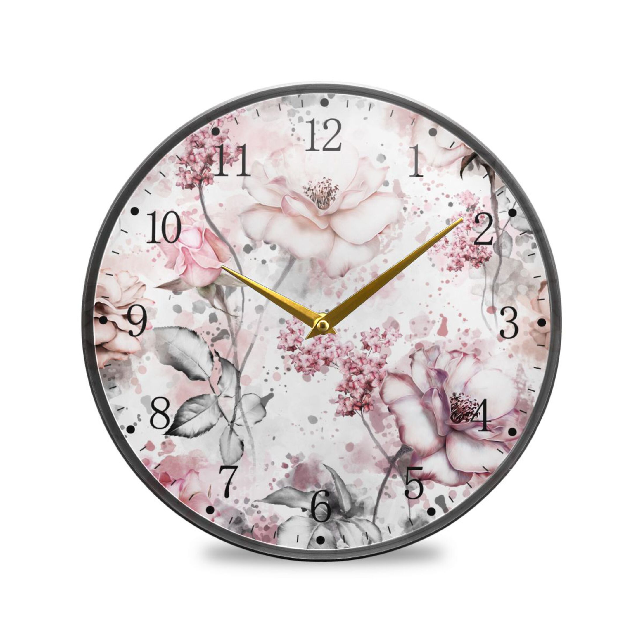 Pink Flowers Roses and Leaves Acrylic Wall Clocks Quiet Round Clock ...