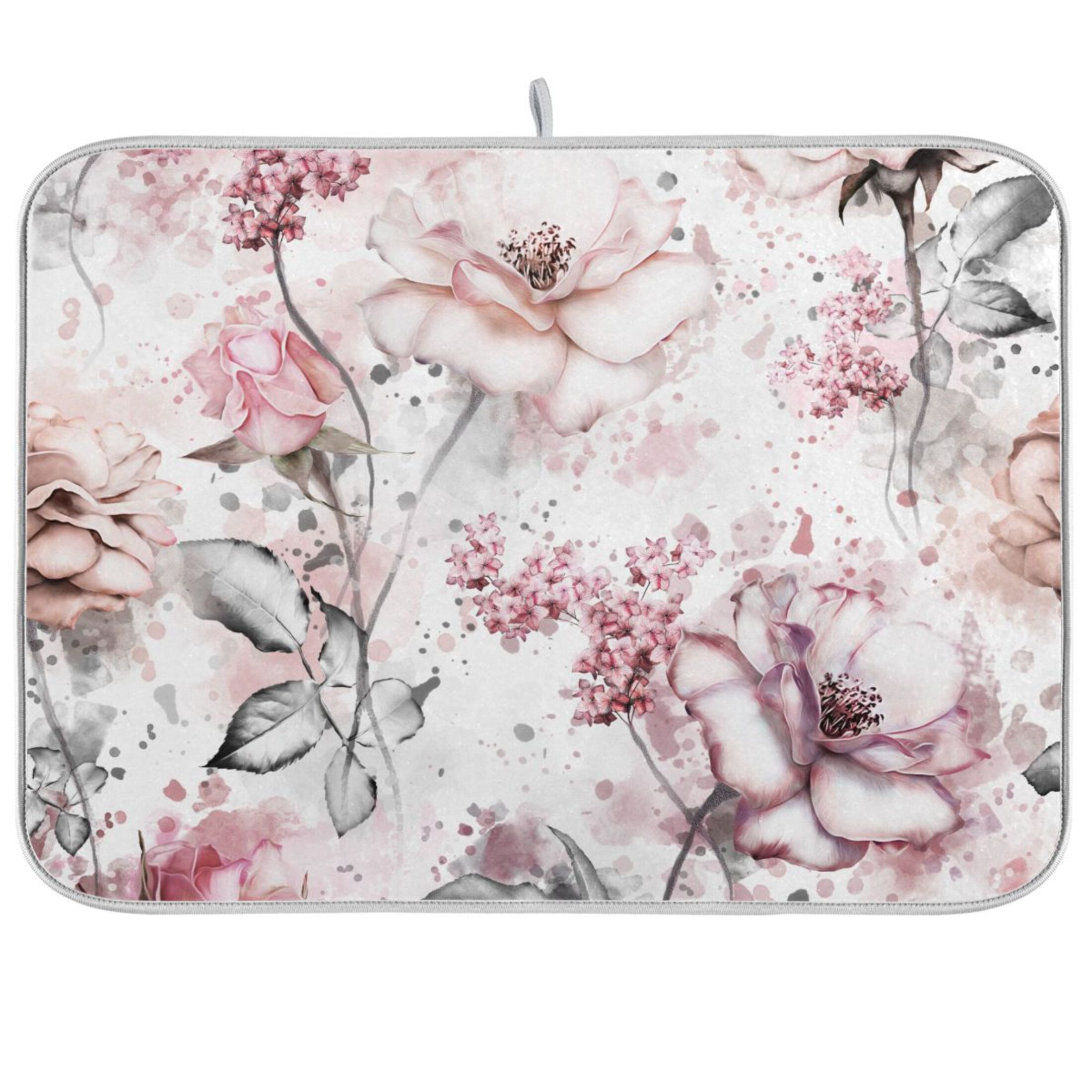 Pink Flowers Roses and Leaves Dish Drying Mat Microfiber Kitchen Mats ...