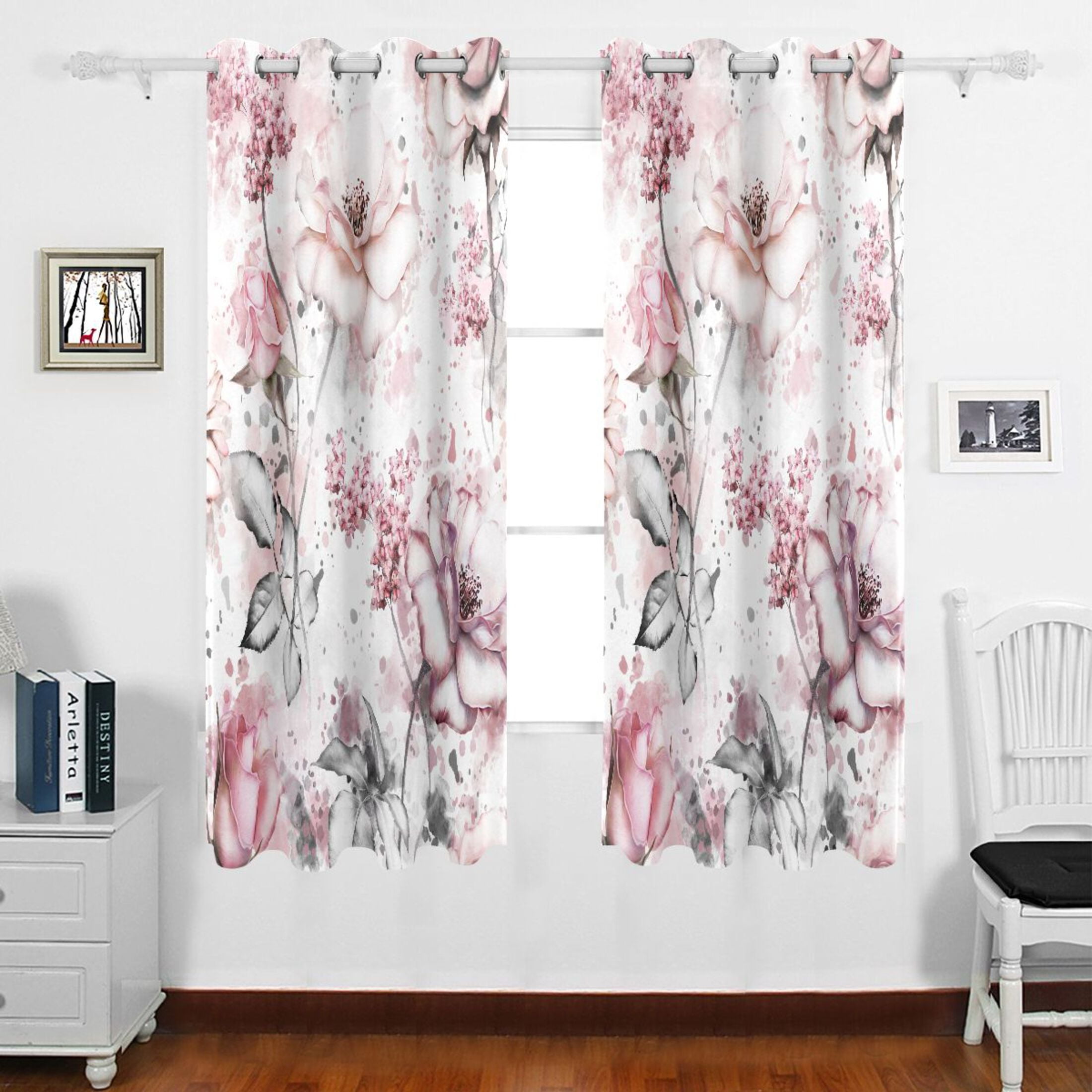 Pink Flowers Roses and Leaves Grommet Blackout Curtains Thermal ...