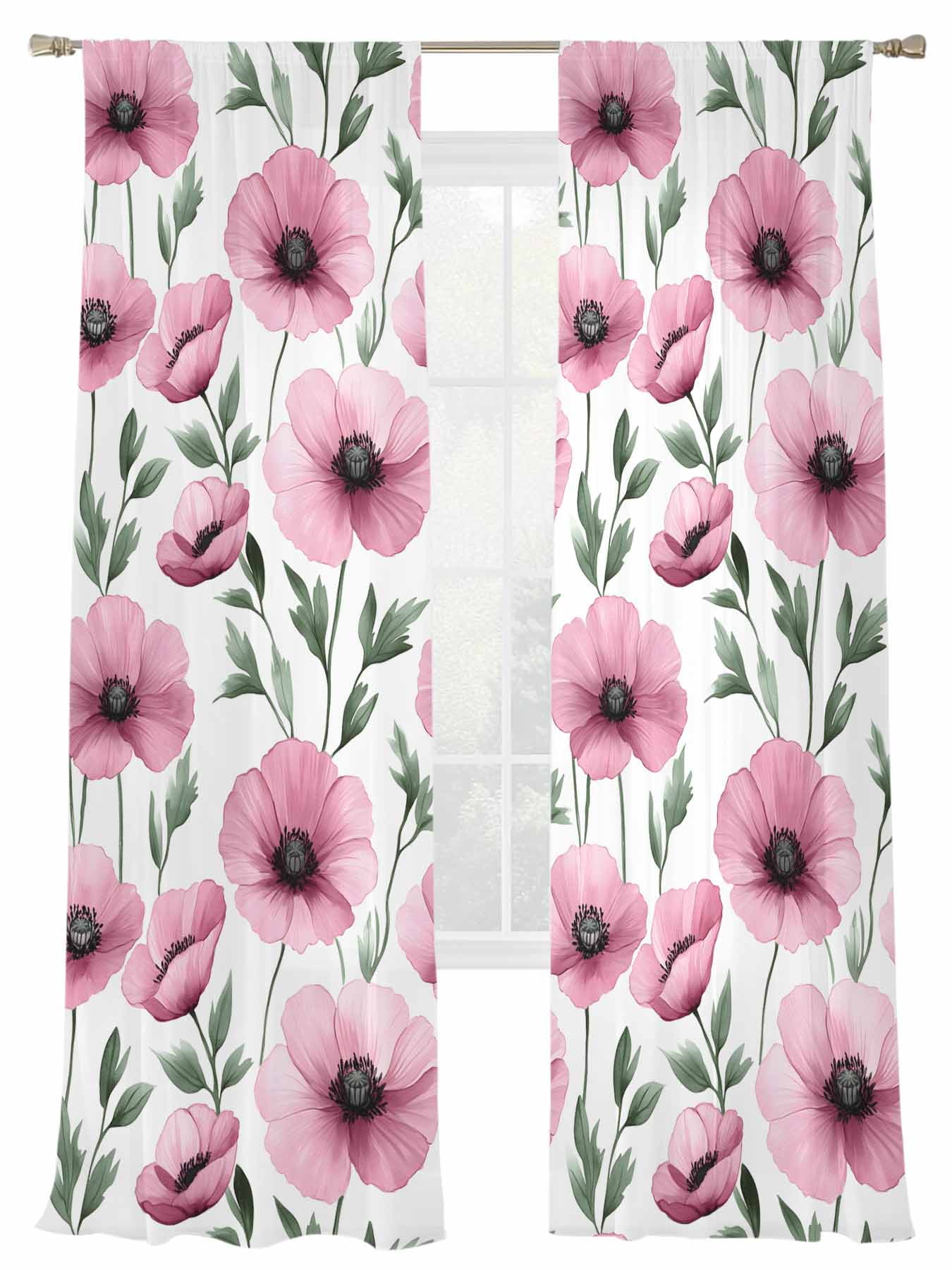 Pink Flowers Sheer Curtains 96 inches Long 2 Panels Set Poppy ...