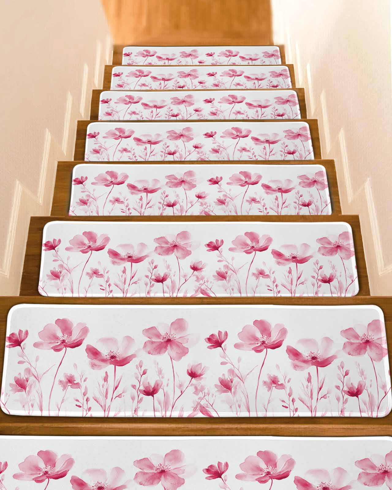 Pink Flowers Stair Treads for Wooden Steps Indoor Runner Rug Carpet ...