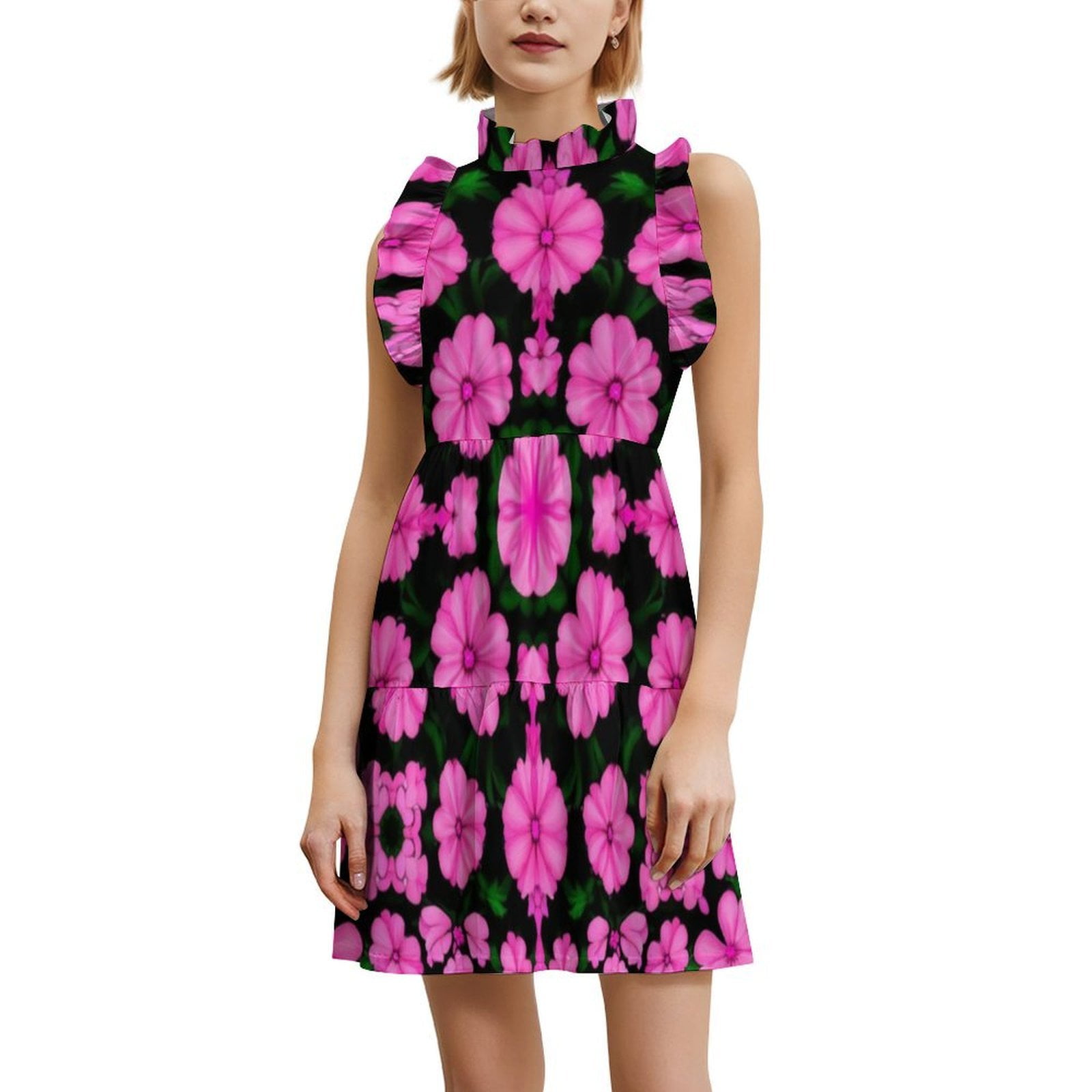 Pink Flowers Symmetrical Pattern Women's Fashion Casual Dress Summer ...