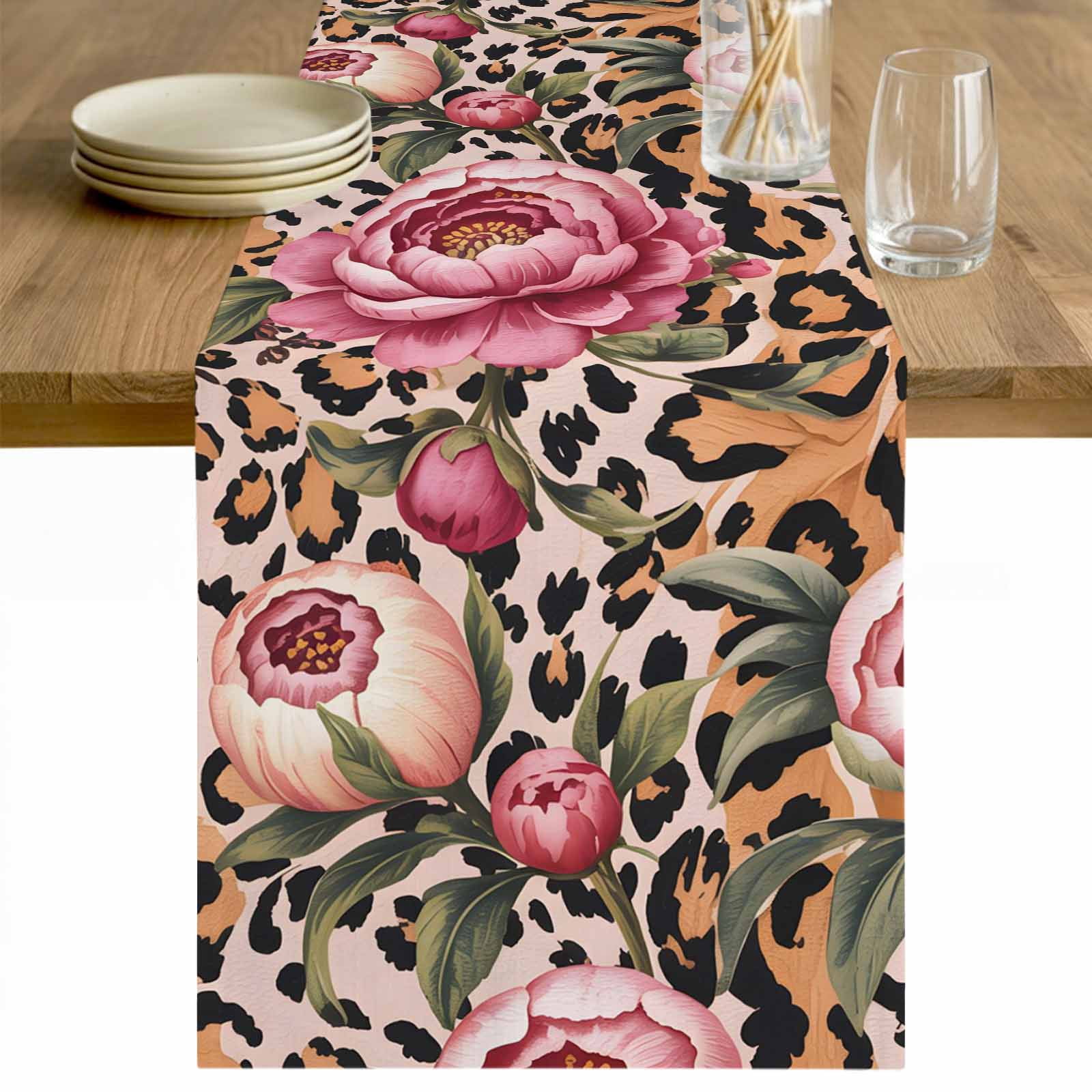 Pink Flowers Table Runner - 108 Inch Long Leopard Spot Vintage Floral ...