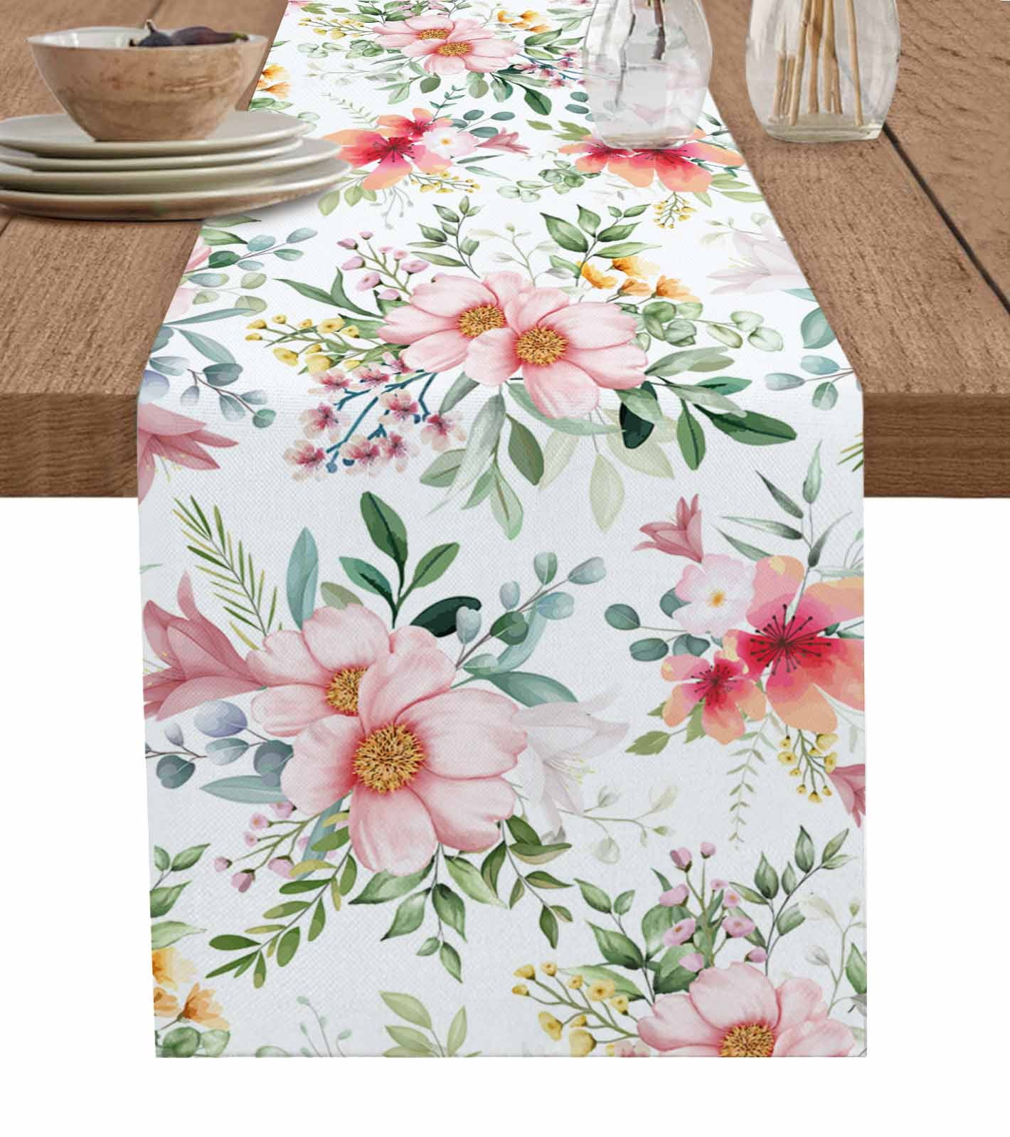 Pink Flowers Table Runner 108 Inches, Spring Botanical Floral Leaves ...