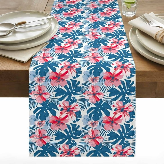 Pink Flowers Table Runner 13x36 inch Navy Blue Leaves Watercolor ...