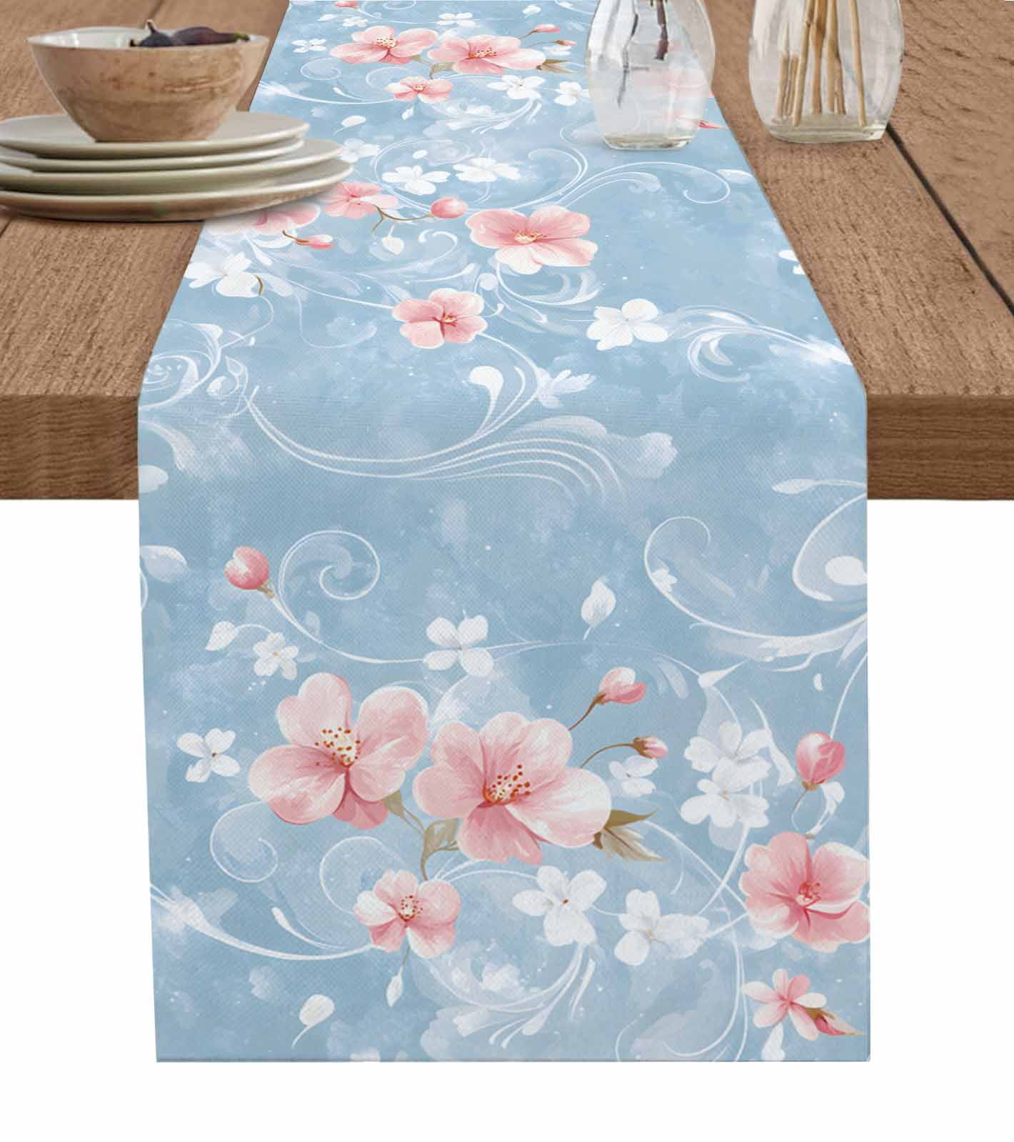 Pink Flowers Table Runner 72 Inches, Farmhouse Watercolor Botanical ...
