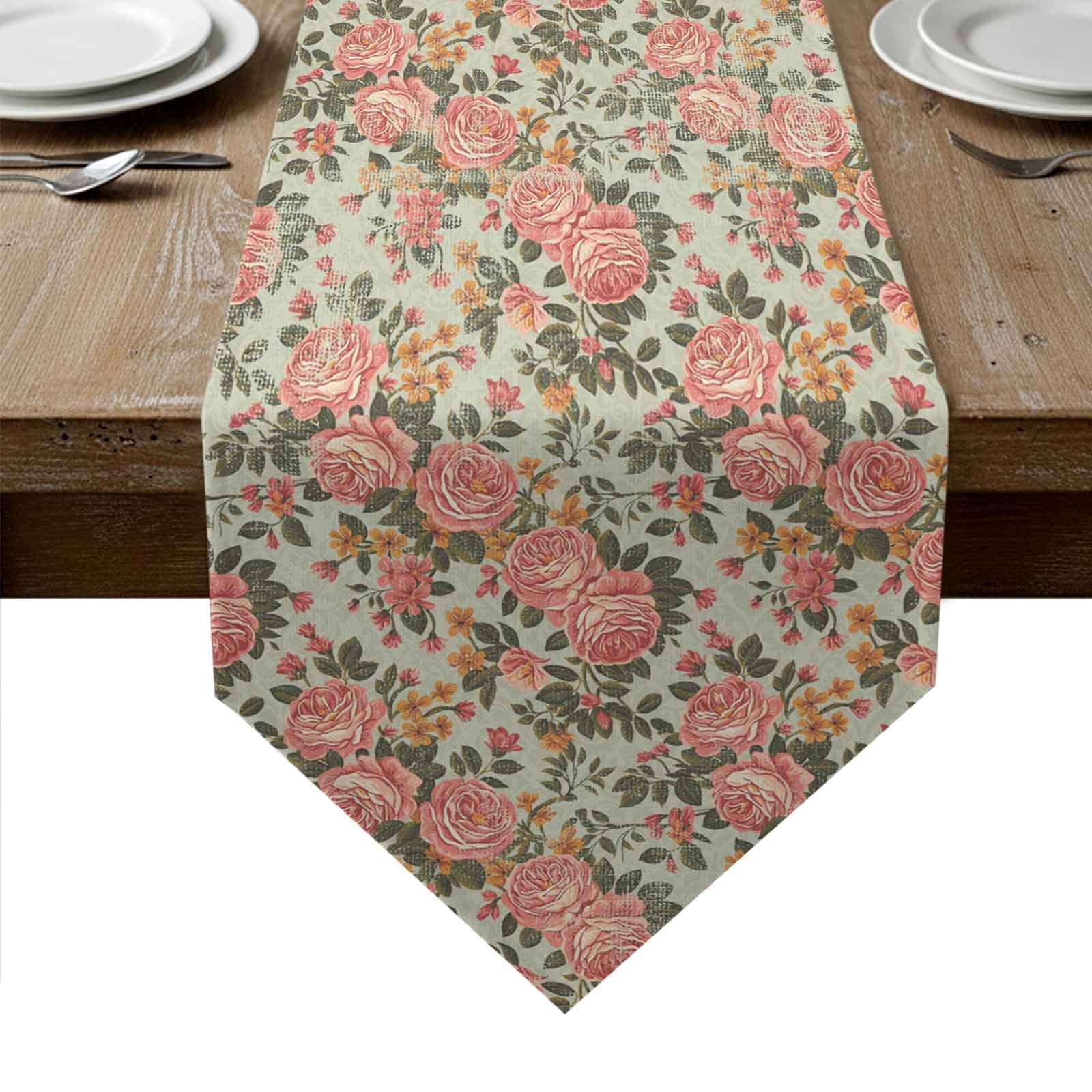 Pink Flowers Table Runner Linen Burlap Table Runner 60 Inches Long ...