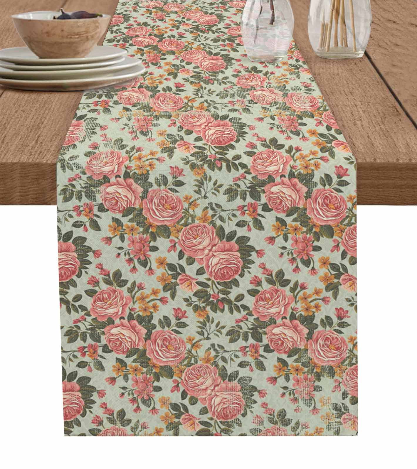 Pink Flowers Table Runner Romantic Botanical Floral Leaves Plants ...