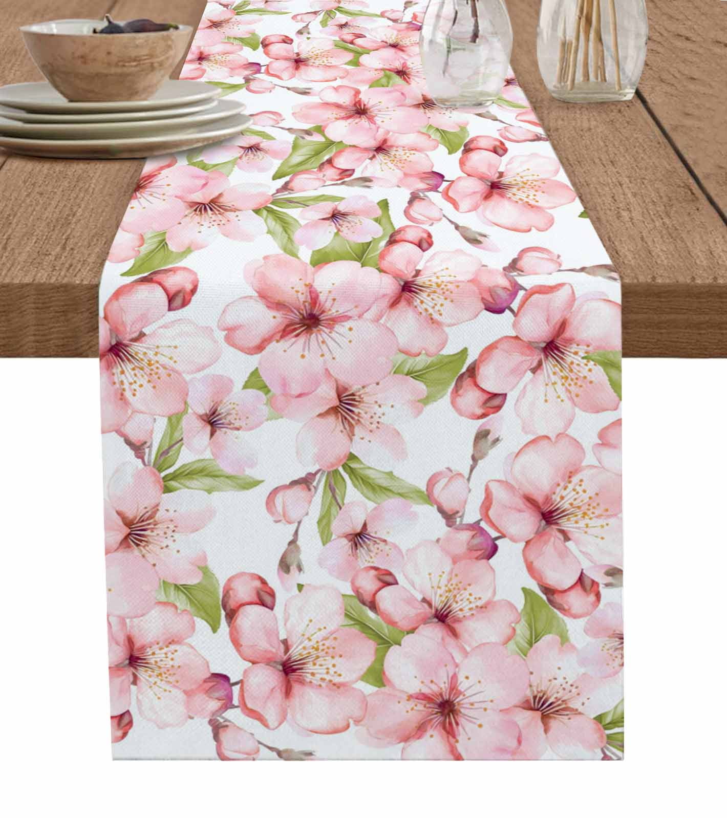 Pink Flowers Table Runner Watercolor Spring Botanical Floral Leaves ...
