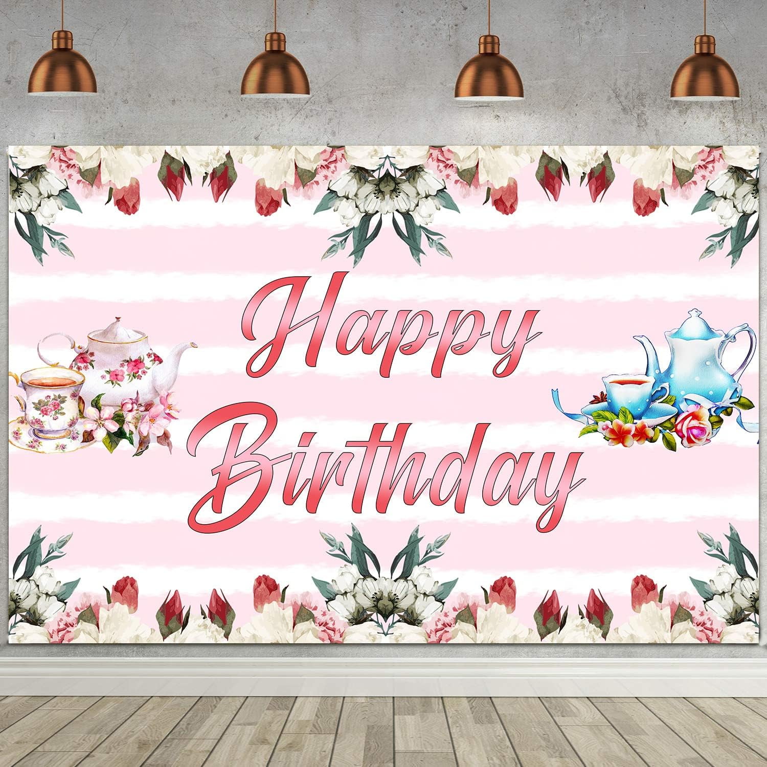 Pink Flowers Tea Party Birthday Backdrop Blue Afternoon Tea Photo Booth ...