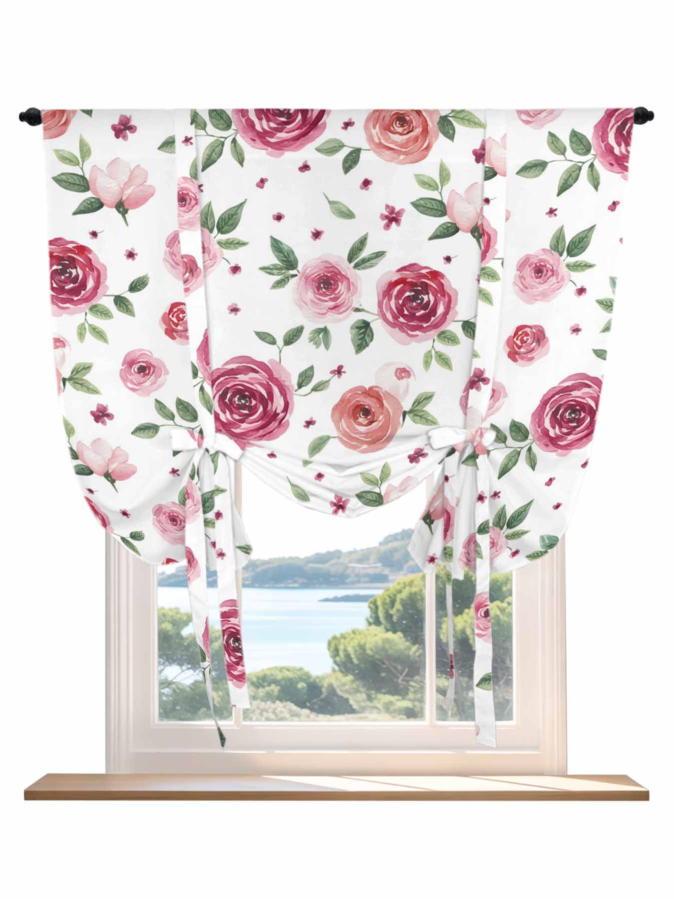 Pink Flowers Tie Up Curtains for Windows 45 Inch Length Balloon ...