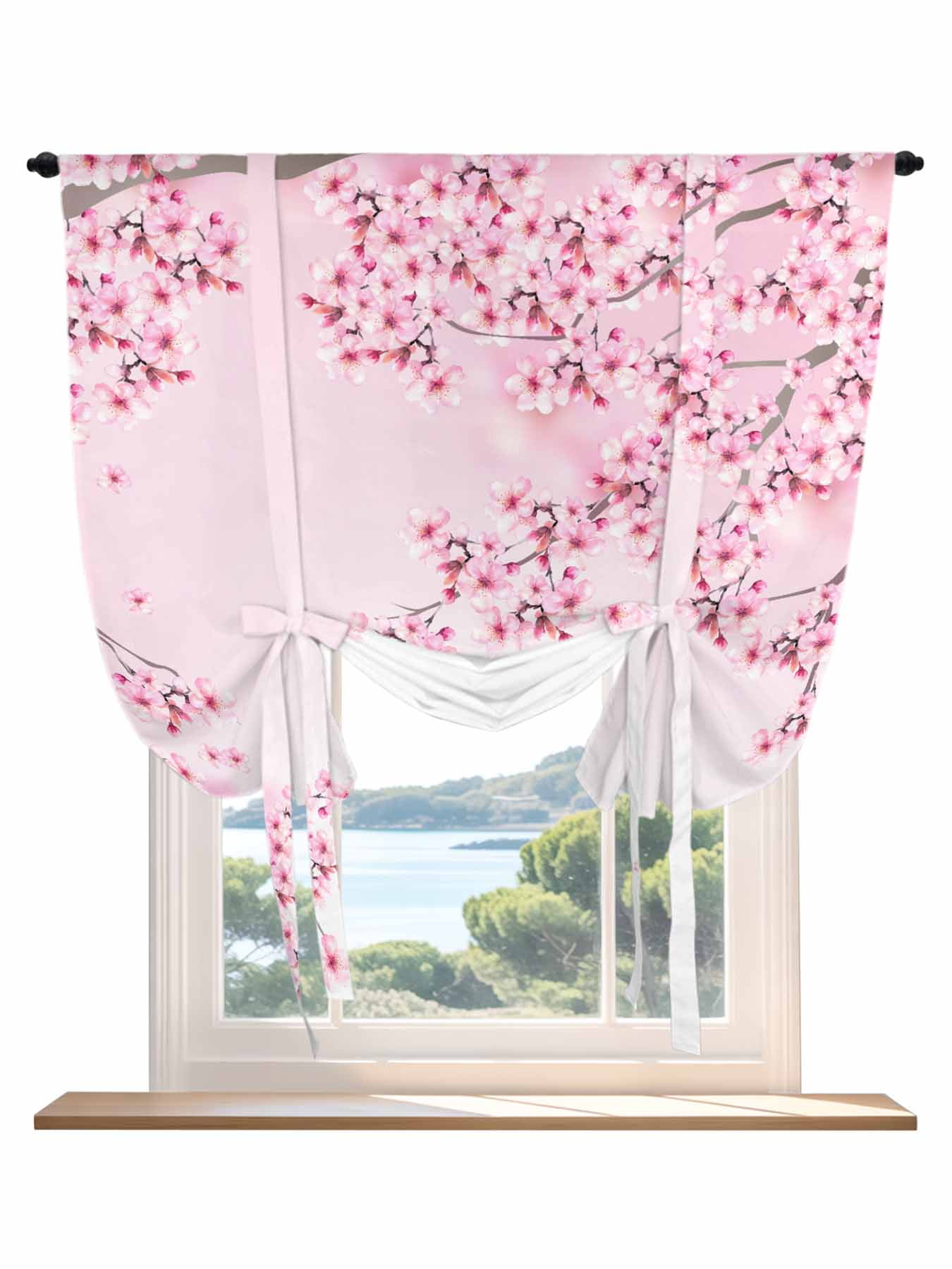 Pink Flowers Tie Up Curtains for Windows 54 Inch Length Balloon ...