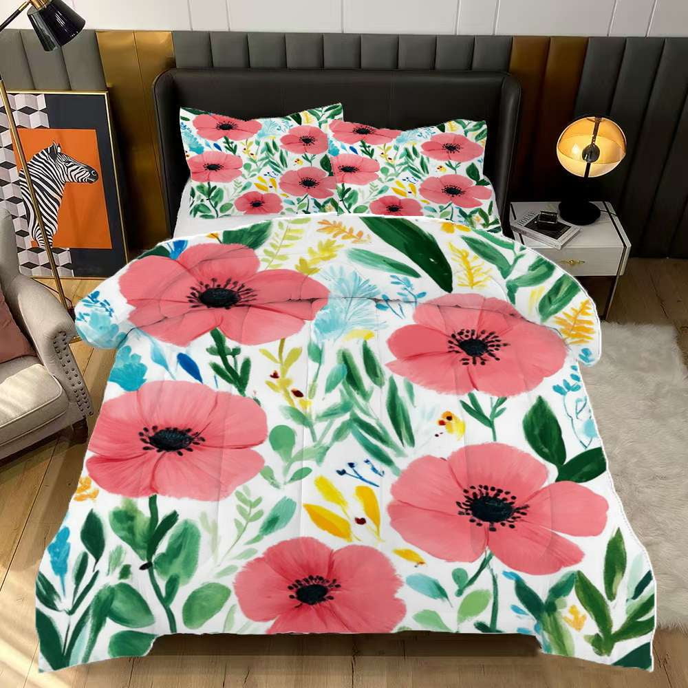 Pink Flowers Vibrant Floral Design Comforter Set Queen Size Bedding Set ...