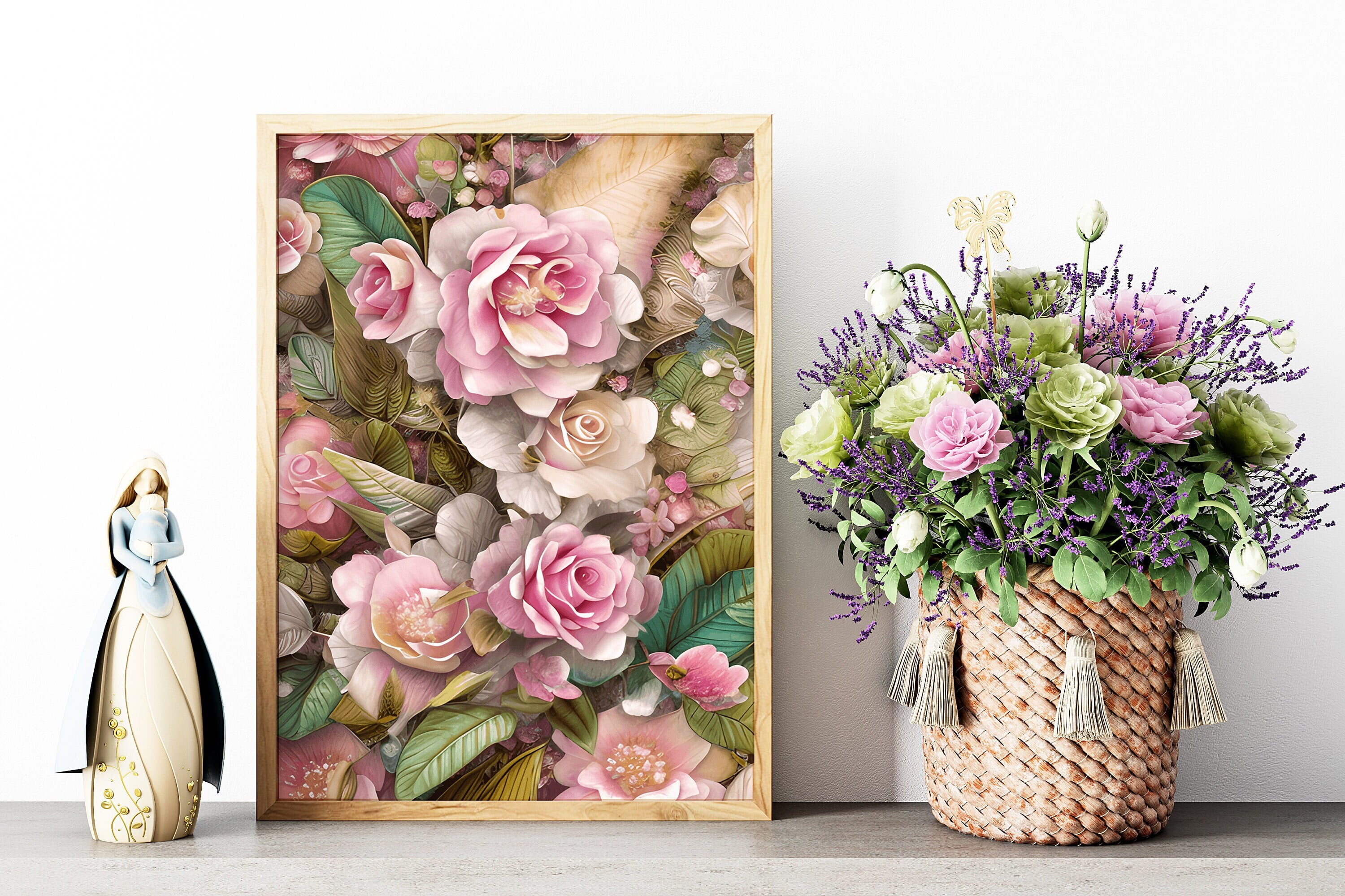 Pink Flowers Wall Art, Cream Ivory Print, Botanical Wall Decor, Light ...