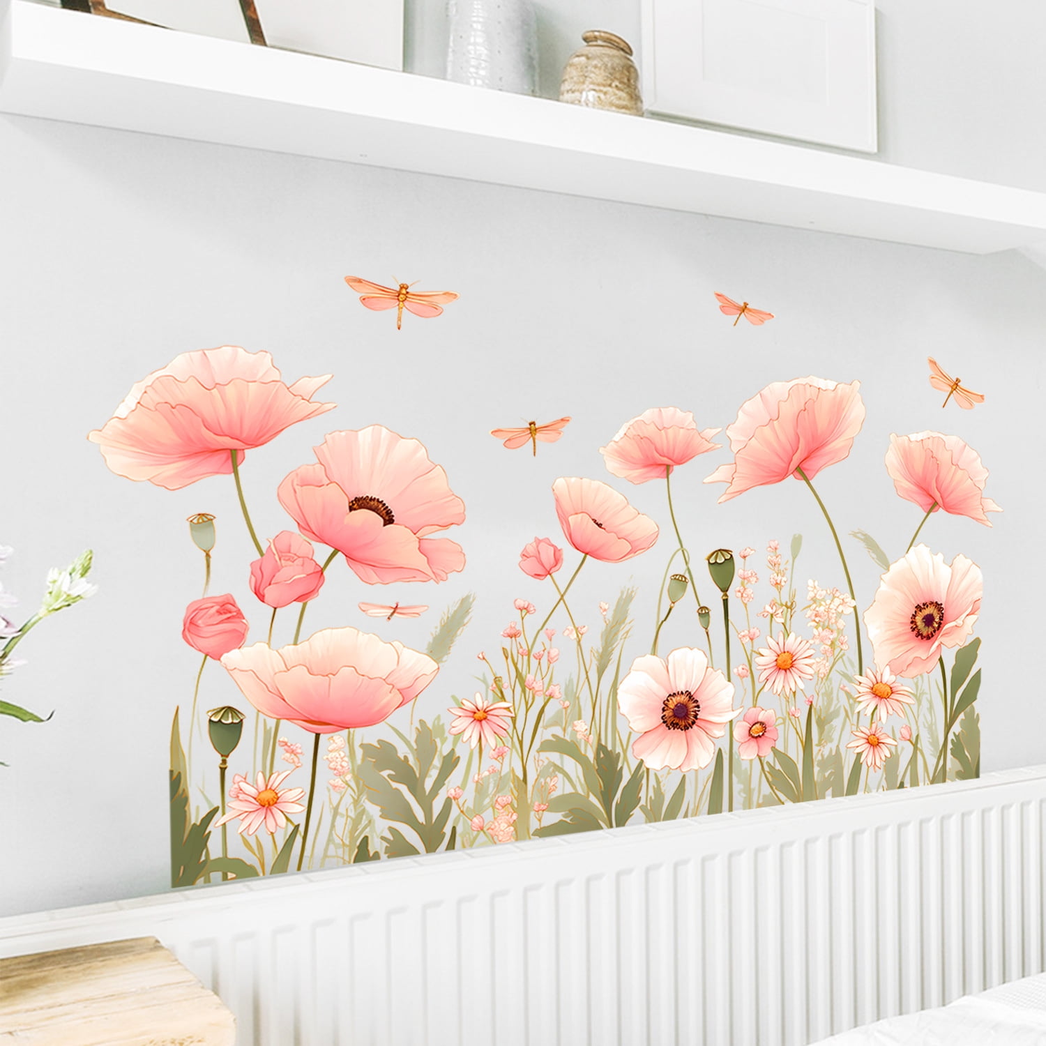 Pink Flowers Wall Stickers Plants Decals Vinyl Peel and Stick Bedroom ...