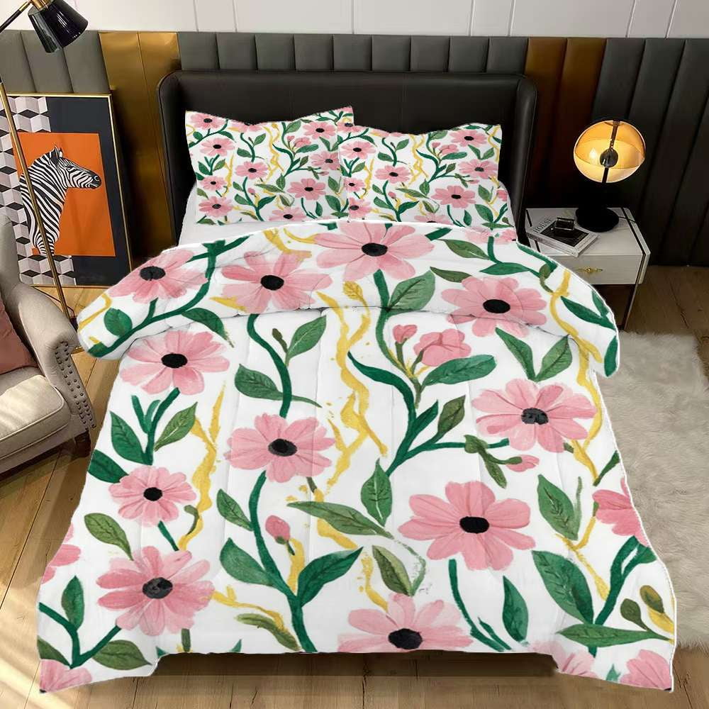Pink Flowers White Background Floral Design Comforter Set Queen Size ...
