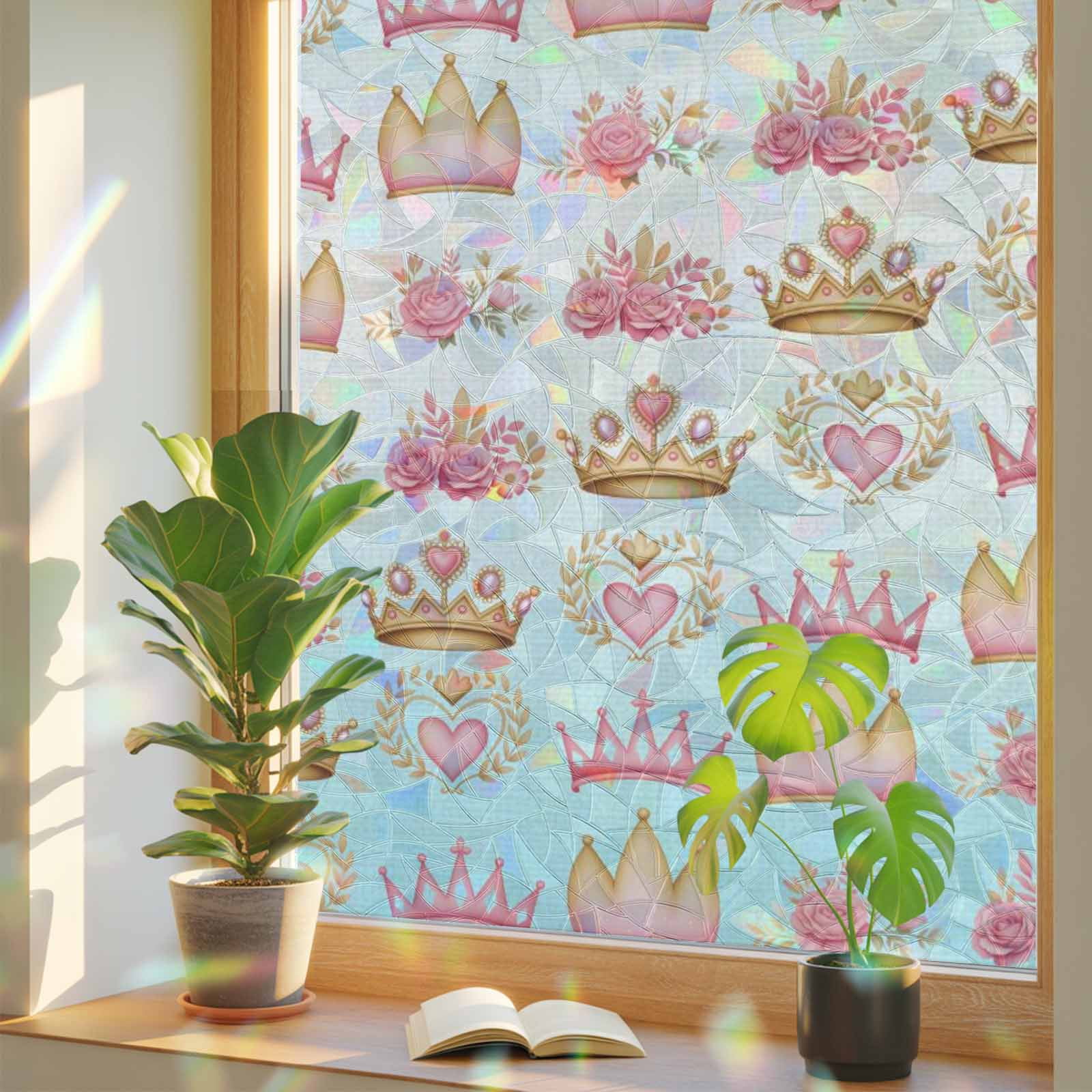 Pink Flowers Window Privacy Film, Love Princess Crown Rose Abstract ...