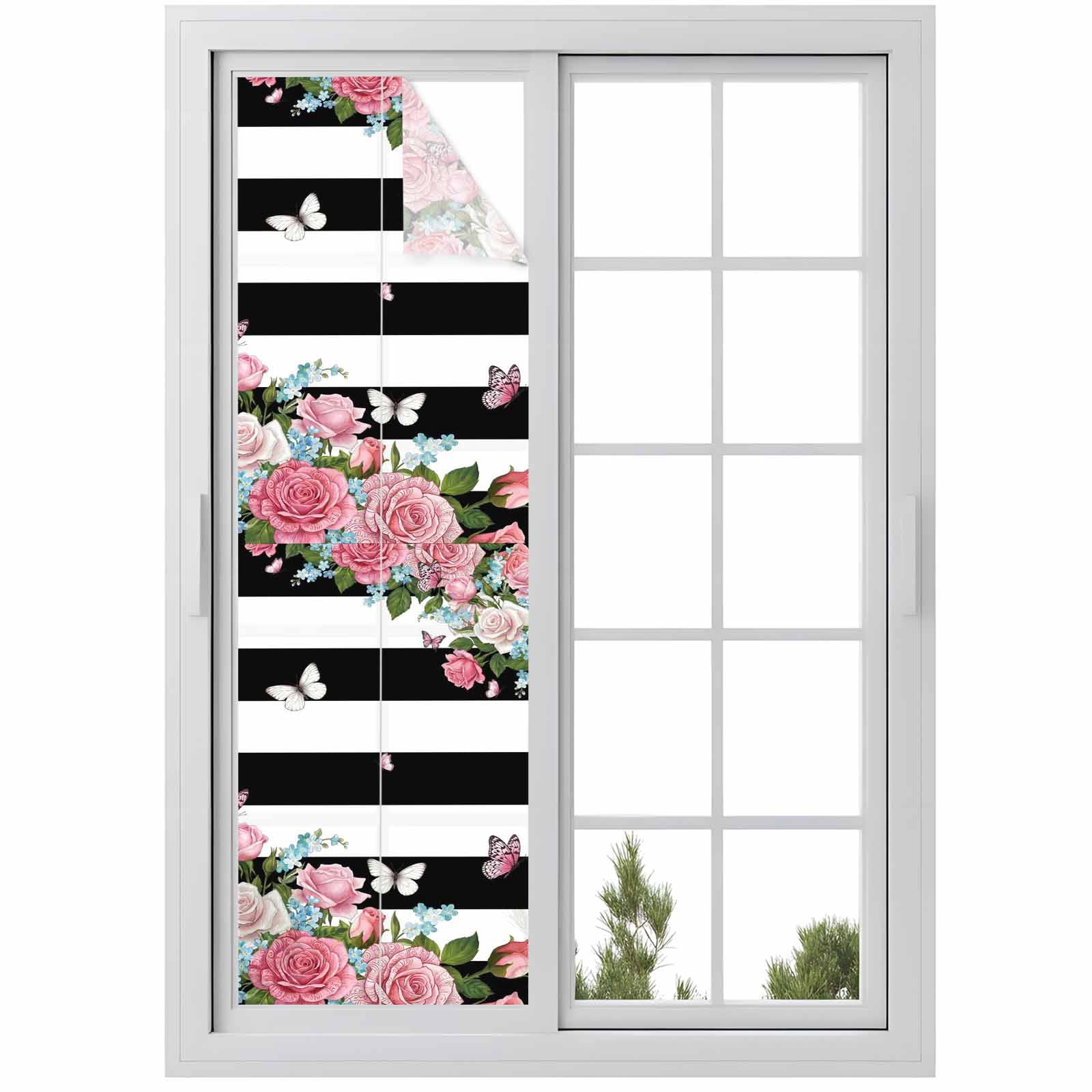 Pink Flowers Window Privacy Film,Spring Floral Butterflies Black White ...
