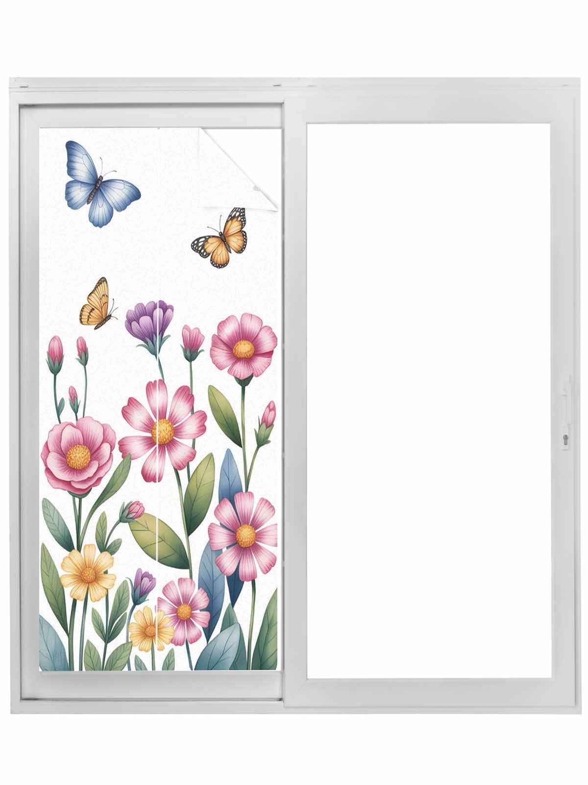 Pink Flowers Window Privacy Film, Spring Floral Butterfly Leaves Plants ...