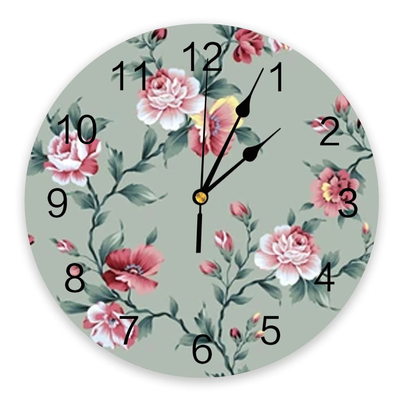 Pink Flowers With Green Leaves Wall Clock Large Modern Kitchen Dinning ...