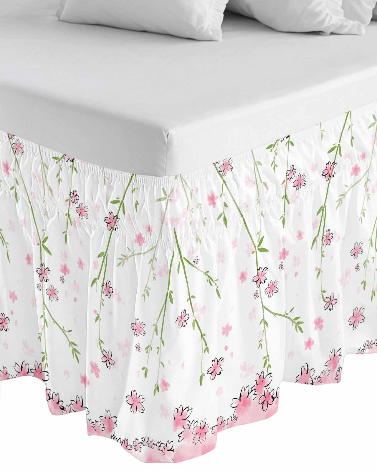 Pink Flowers Wrap Around Bed Skirts for California King Bed 16" Drop ...