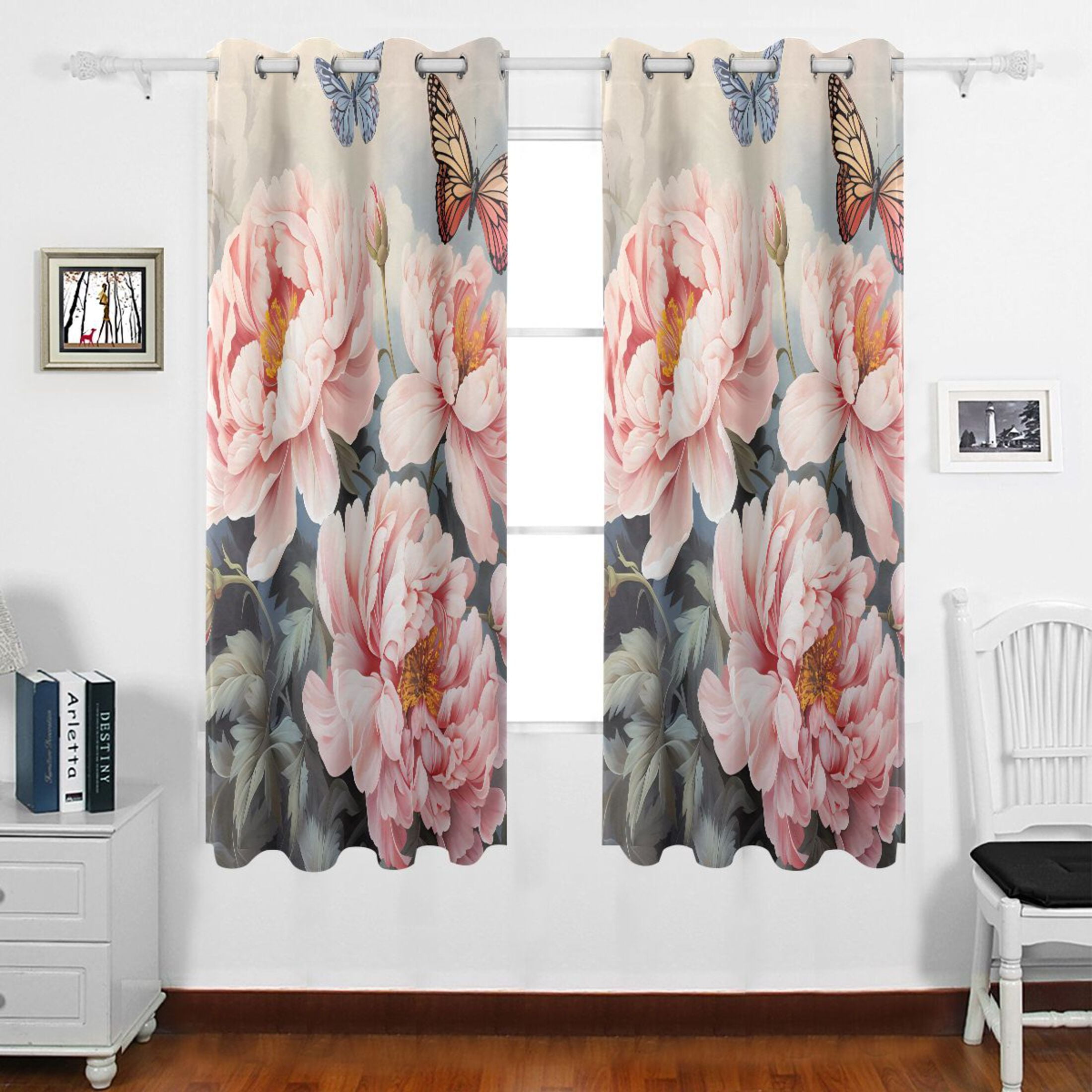 Pink Flowers and Butterflies Grommet Blackout Curtains Thermal ...