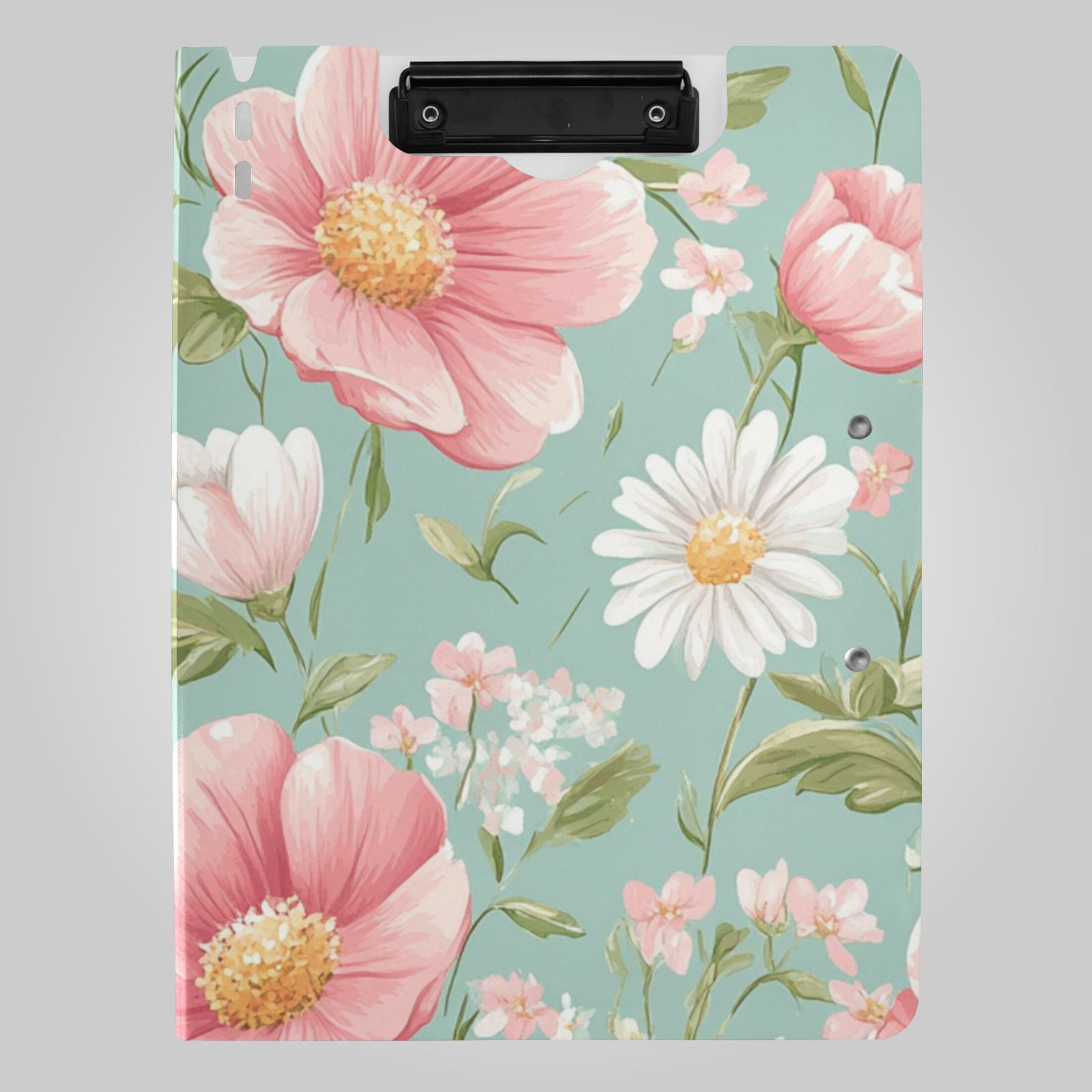Pink Flowers and Green Leaves Foldable Binder Folder Clipboard with Pen ...
