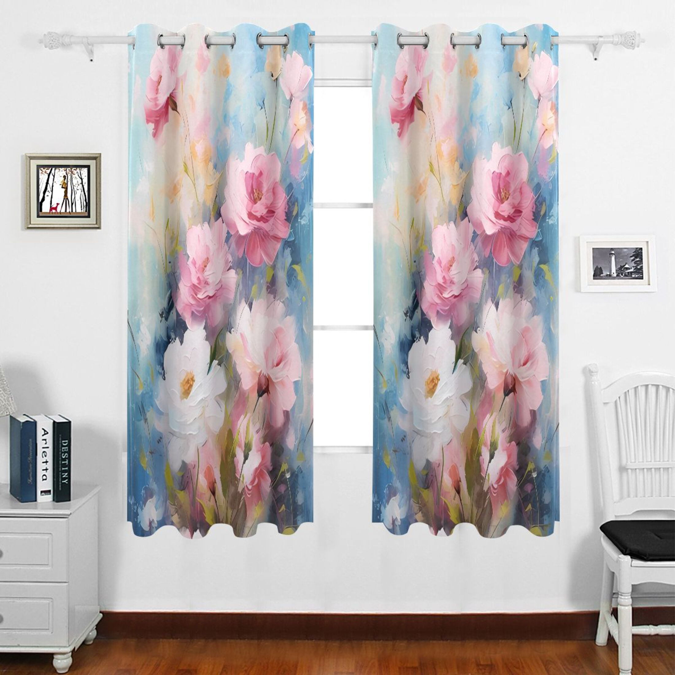 Pink Flowers on Blue Grommet Blackout Curtains Thermal Insulated Window ...