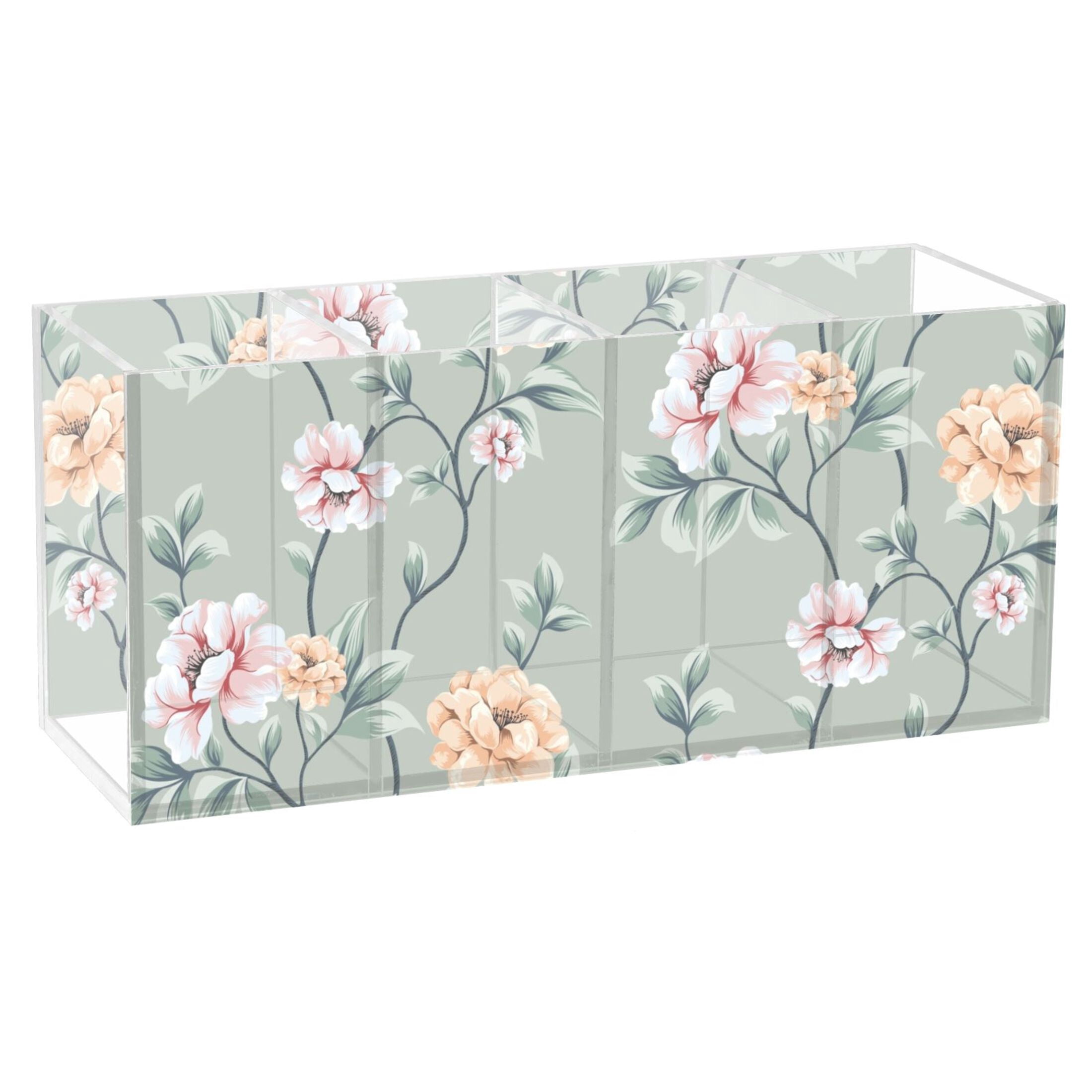 Pink Flowers with Green Leaves Acrylic Pen Holder Cup 4 Compartments ...