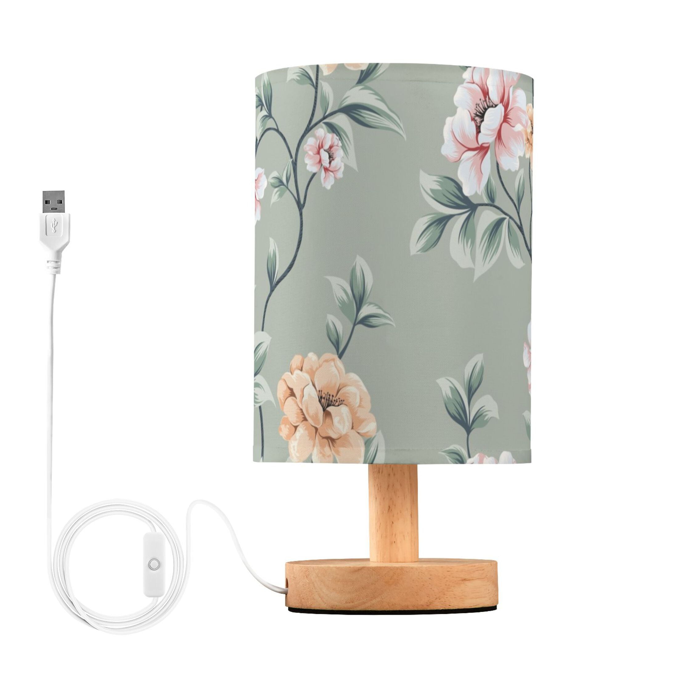 Pink Flowers with Green Leaves Bedside Table Lamp LED Warm Lights with ...