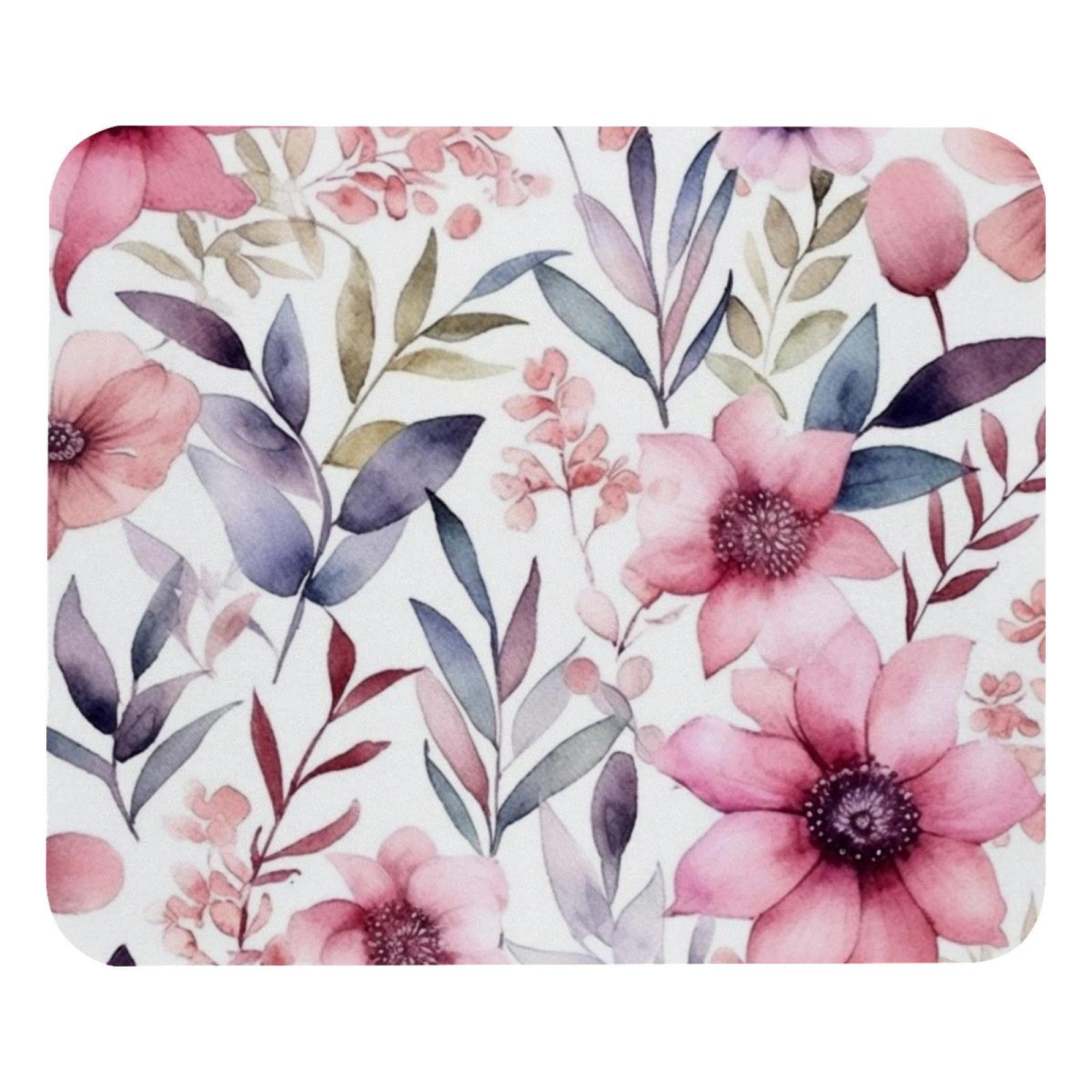 Pink Flowers with Leaves Computer Mouse Pad,Rubber Mouse Mat for Gaming ...