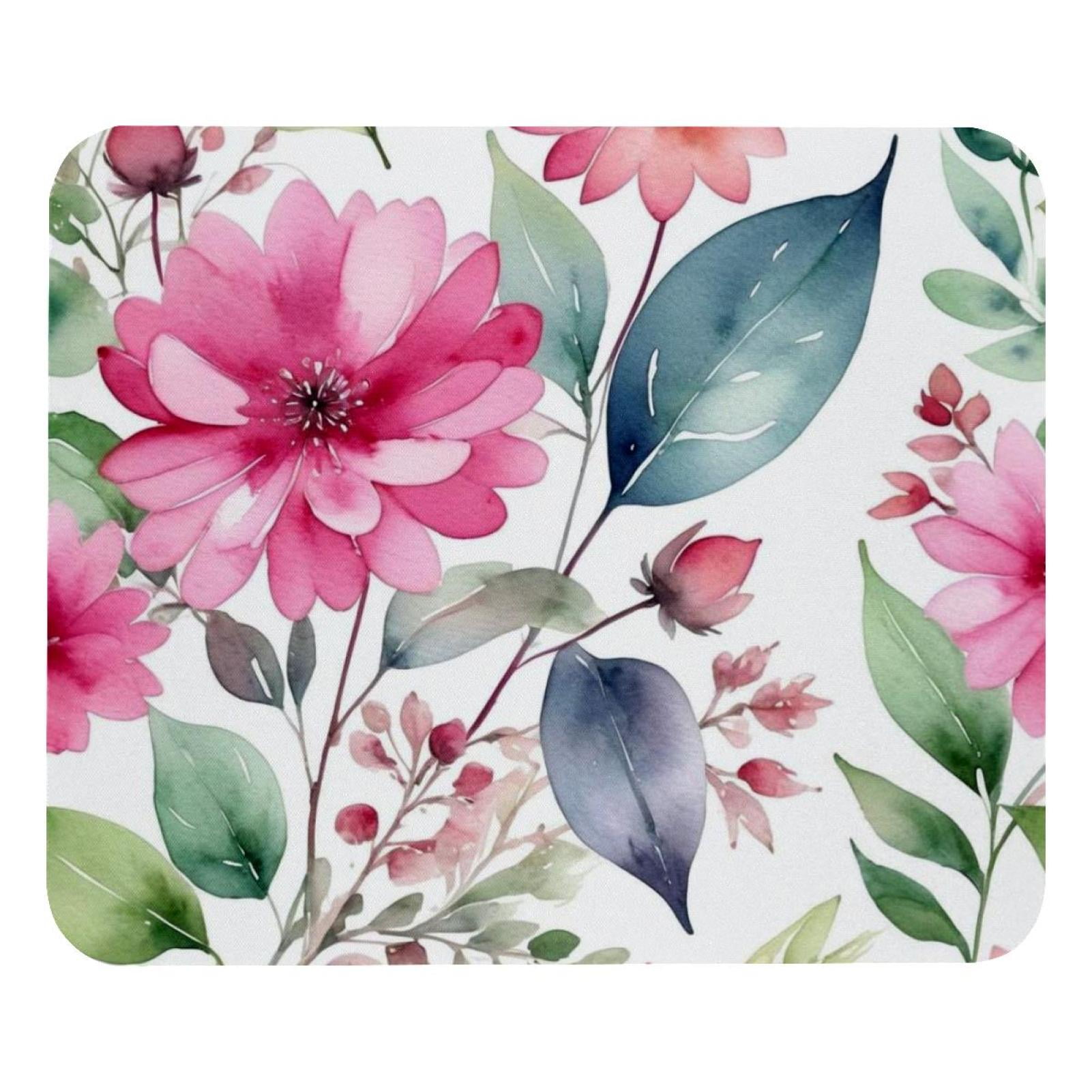 Pink Flowers with Leaves Computer Mouse Pad,Rubber Mouse Mat for Gaming ...