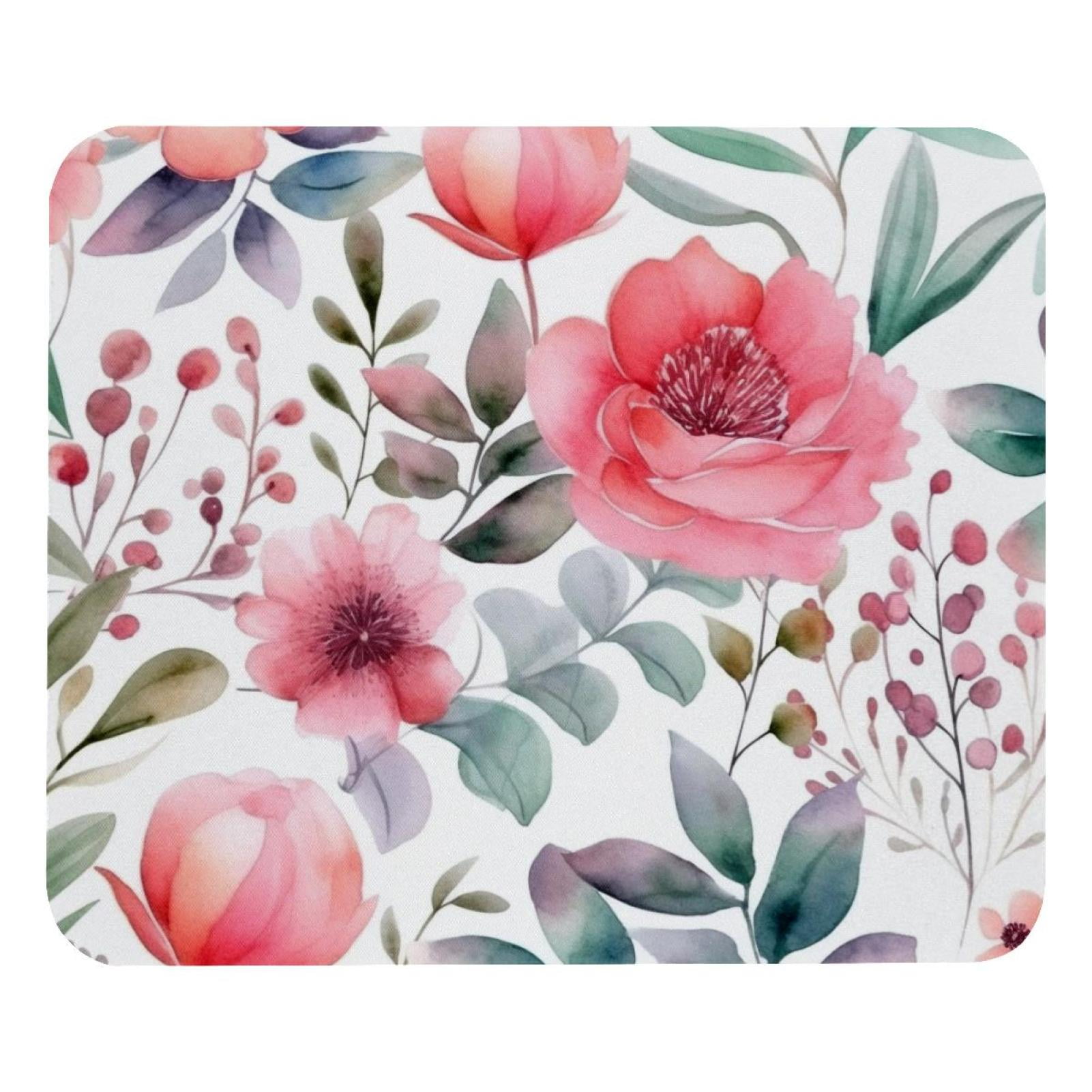 Pink Flowers with Leaves Computer Mouse Pad,Rubber Mouse Mat for Gaming ...