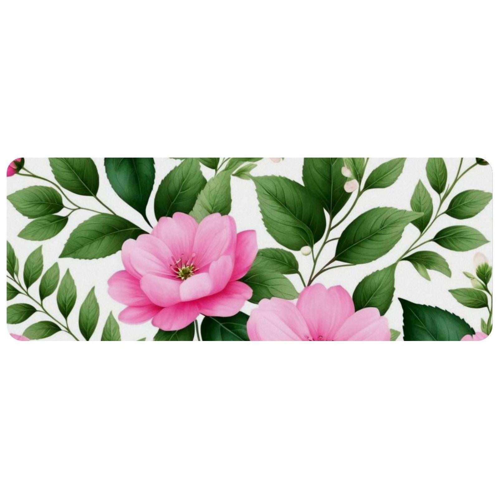 Pink Flowers with Leaves Computer Mouse Pad,Rubber Mouse Mat for Gaming ...