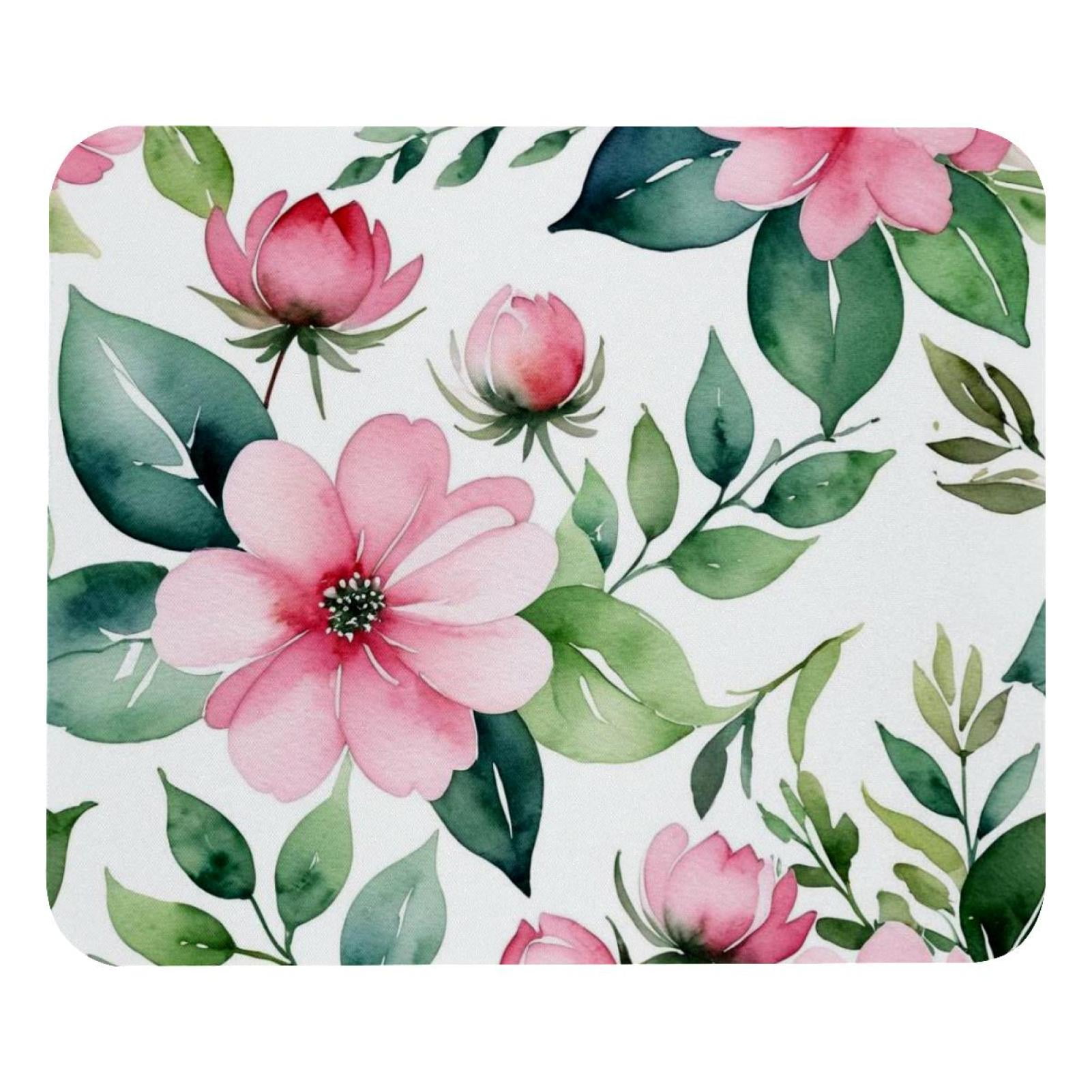 Pink Flowers with Leaves Mouse Pad, Personality Design Rubber Base for ...