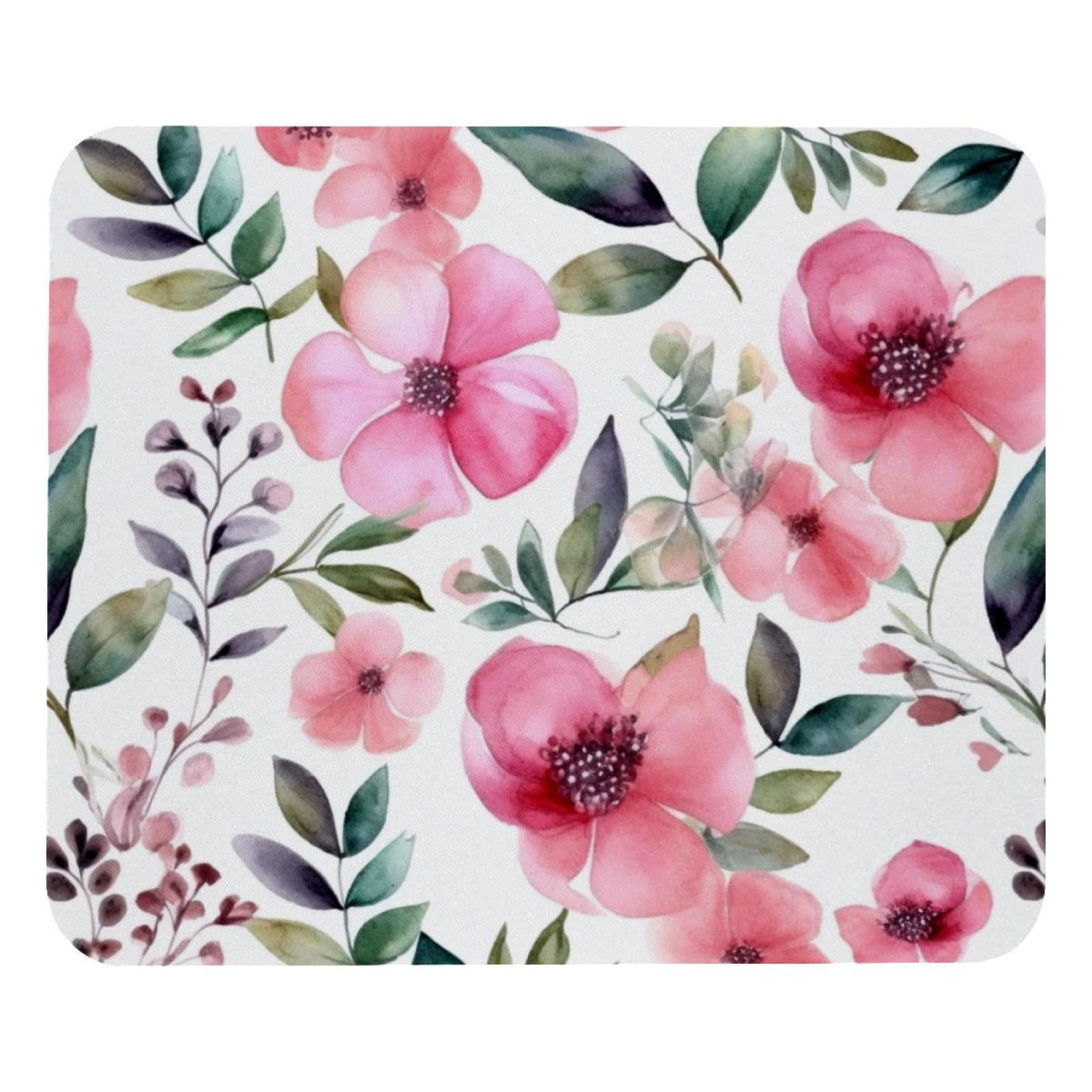Pink Flowers with Leaves Mouse Pad, Personality Design Rubber Base for ...
