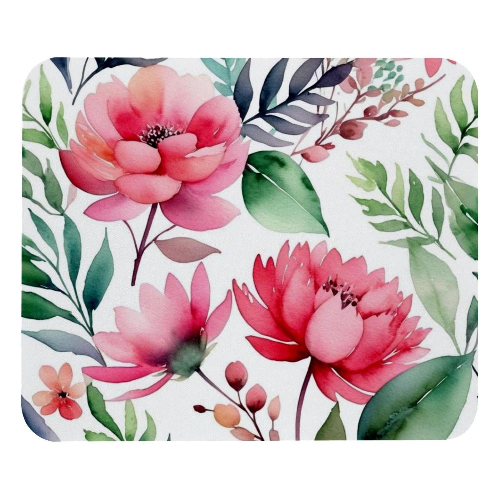 Pink Flowers with Leaves Mouse Pad, Personality Design Rubber Base for ...
