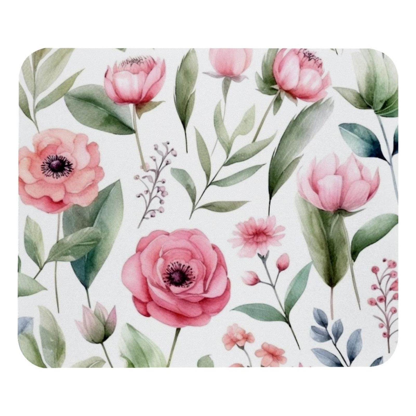 Pink Flowers with Leaves Mouse Pad, Personality Design Rubber Base for ...
