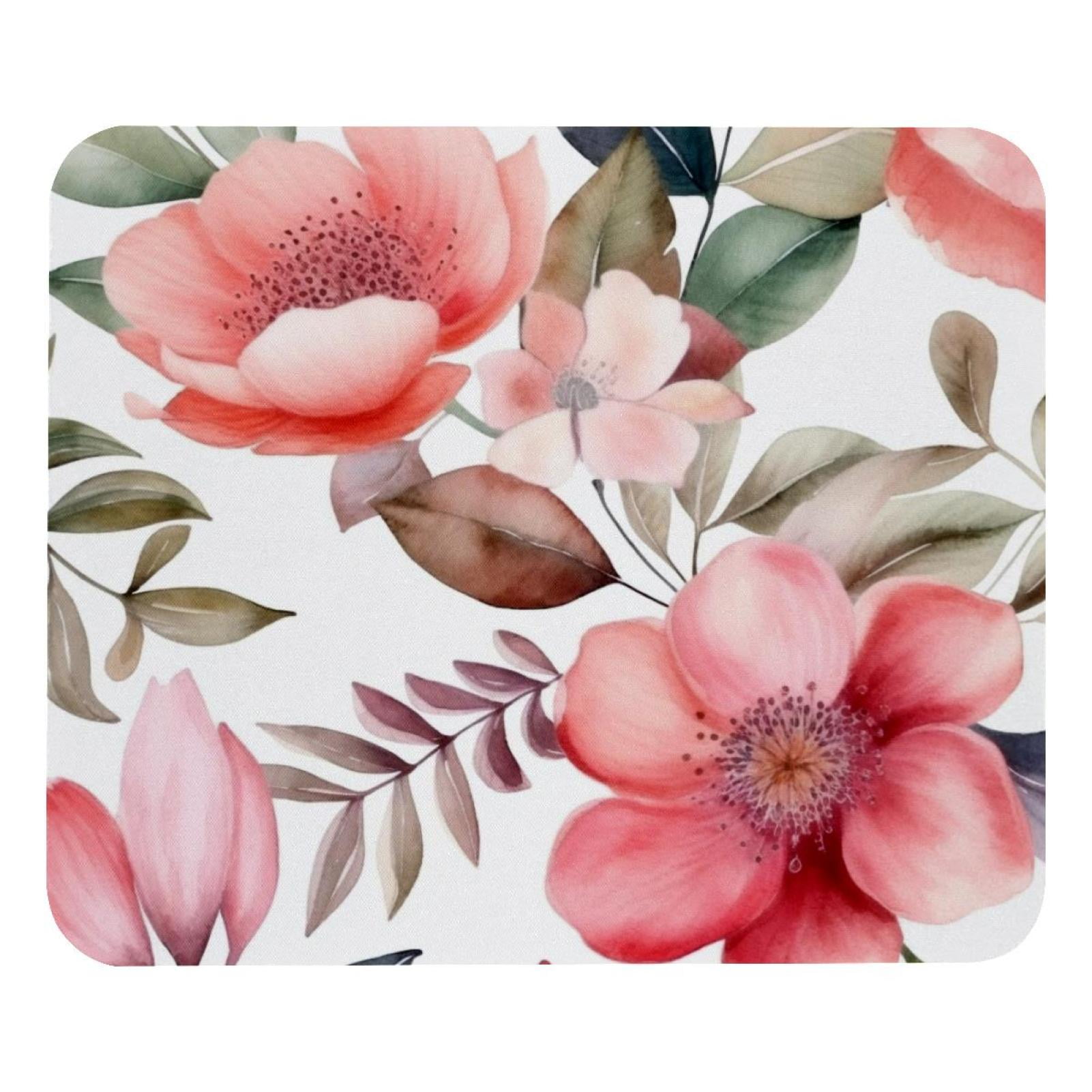 Pink Flowers with Leaves Mouse Pad, Personality Design Rubber Base for ...