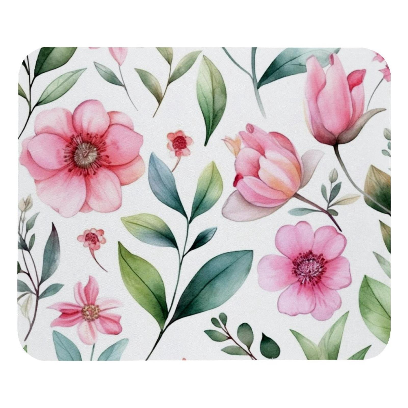 Pink Flowers with Leaves Mouse Pad , Soft Cute Computer Mouse Mat with ...