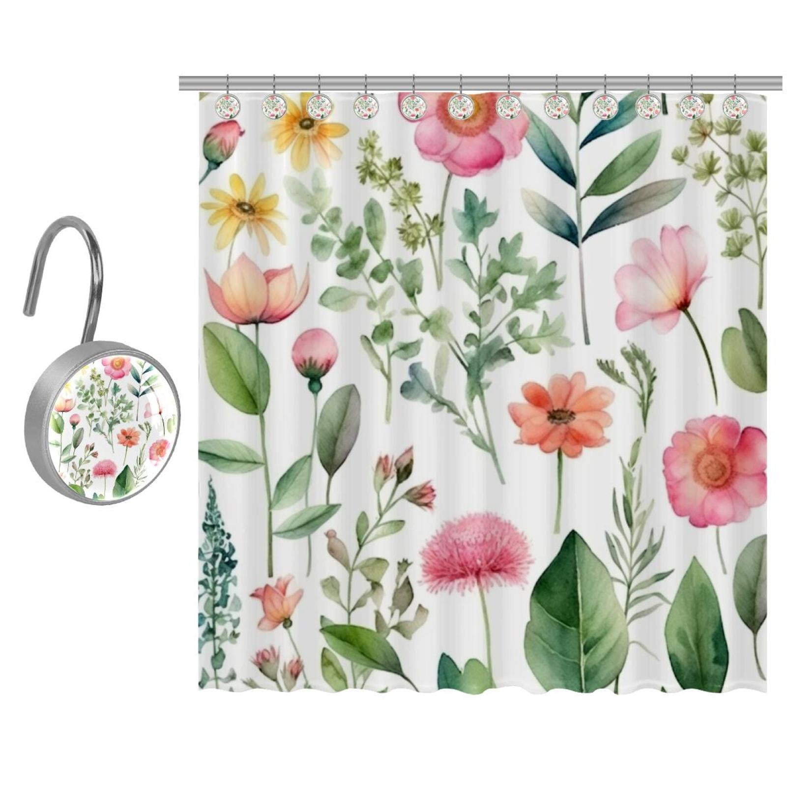 Pink Flowers with Leaves Shower Curtain Set for Bathroom - Walmart.com