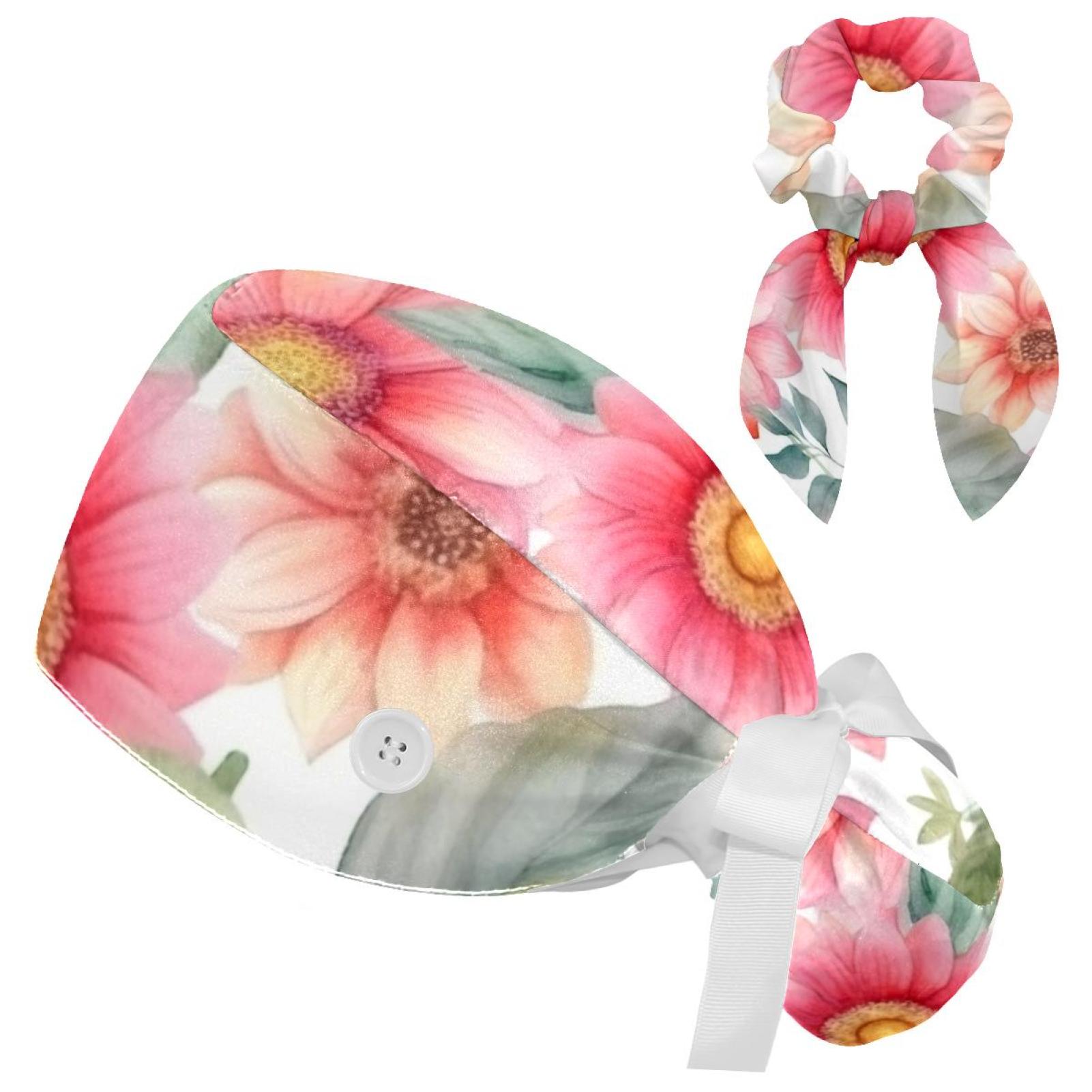 Pink Flowers with Leaves Women Surgical Cap with Bow Hair Matching ...