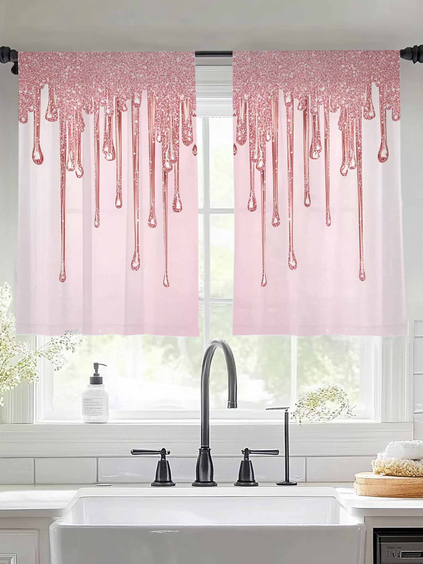 Pink Fluid Drips Sheer Curtains for Living Room Bedroom Abstract Art ...