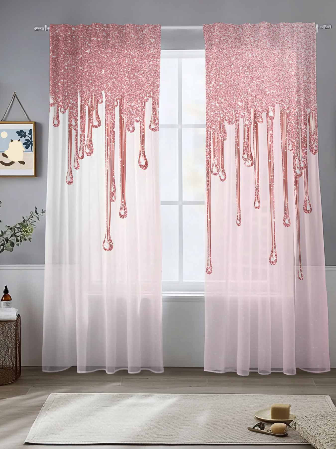 Pink Fluid Drips Sheer Curtains for Living Room Bedroom Abstract Art ...