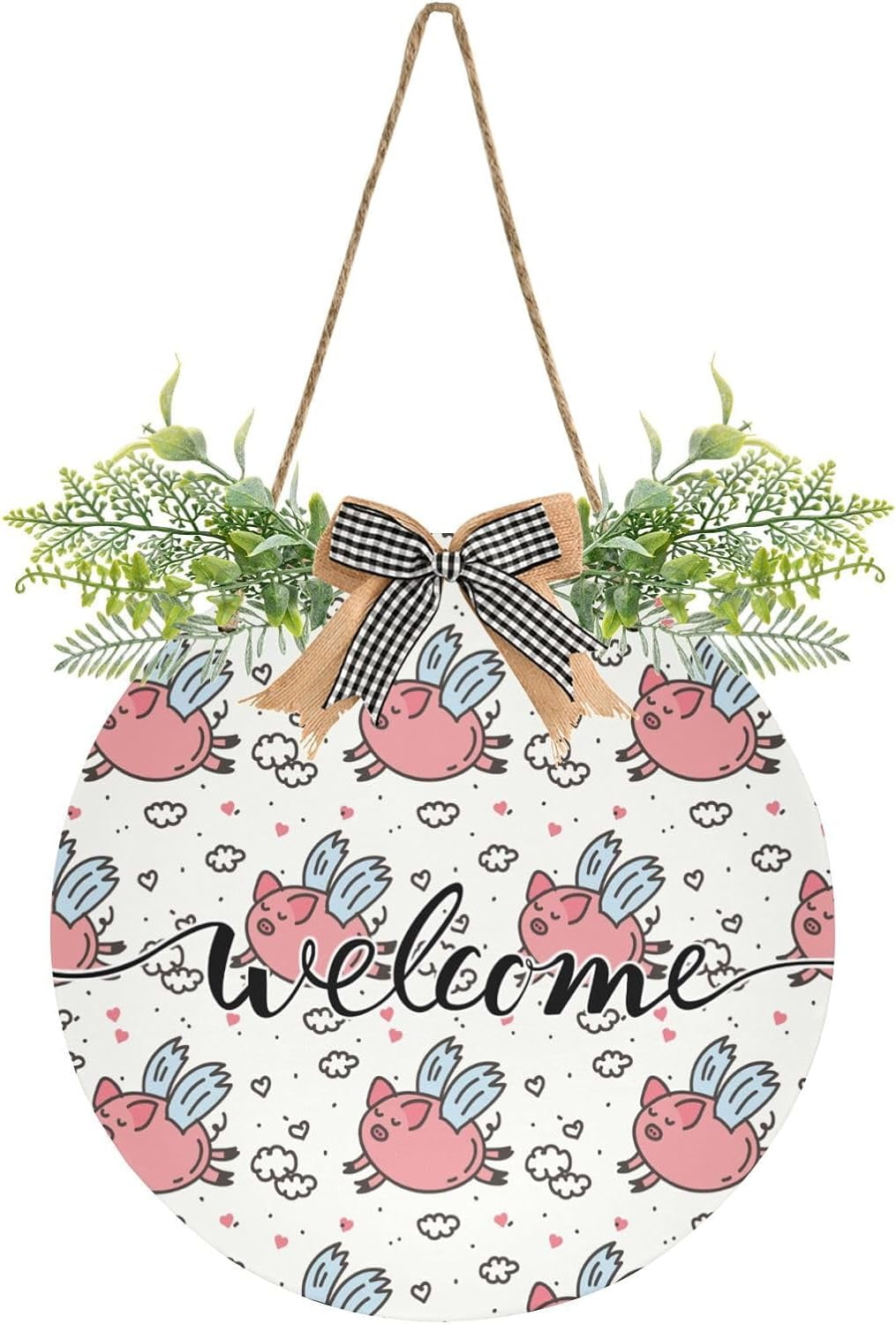 Pink Fly Pig Welcome Sign Farmhouse Front Porch Door Hanging Welcome ...