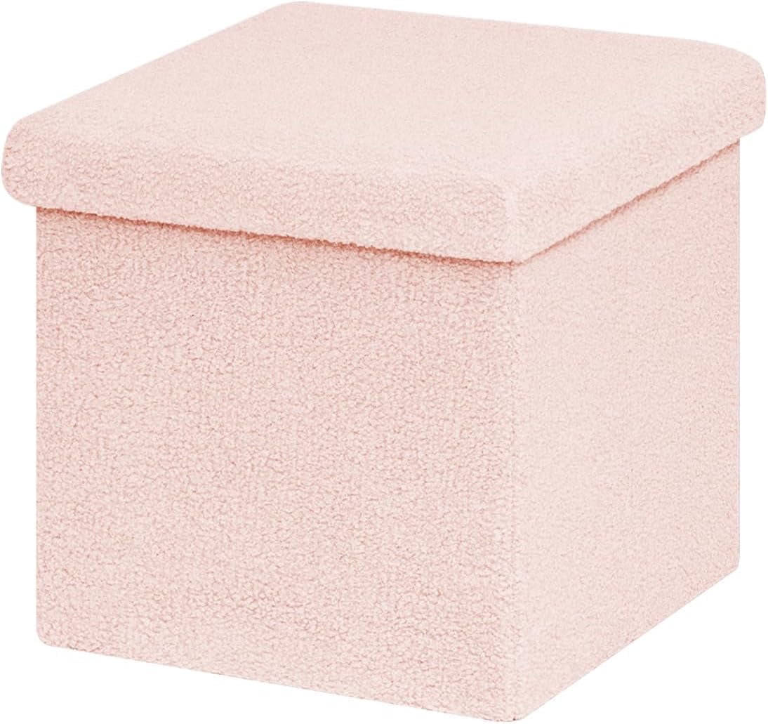 Pink Foldable Boucle Storage Ottoman Cube, Faux Teddy Fur Foot Rest, 12 ...