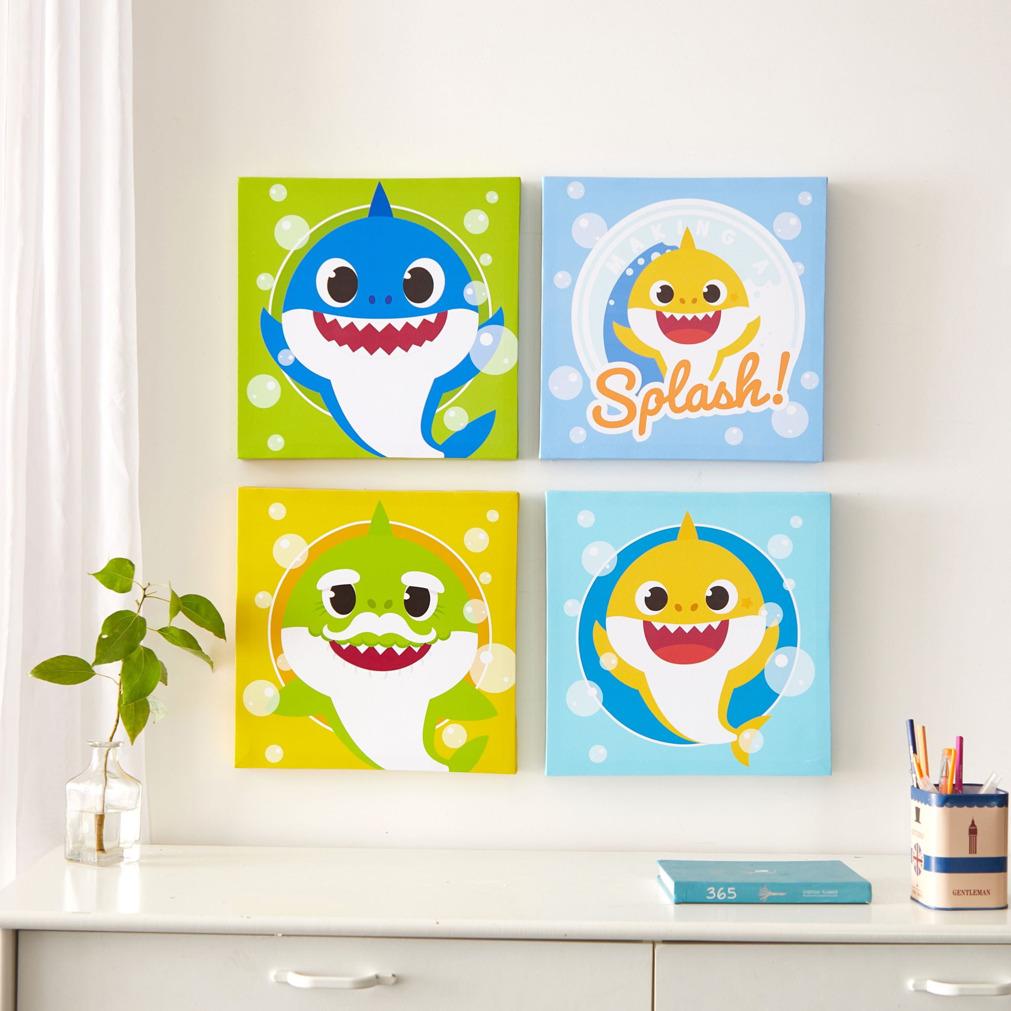 Pink Fong Baby Shark 4 Pack Canvas Wall Art for Children, Blue ...